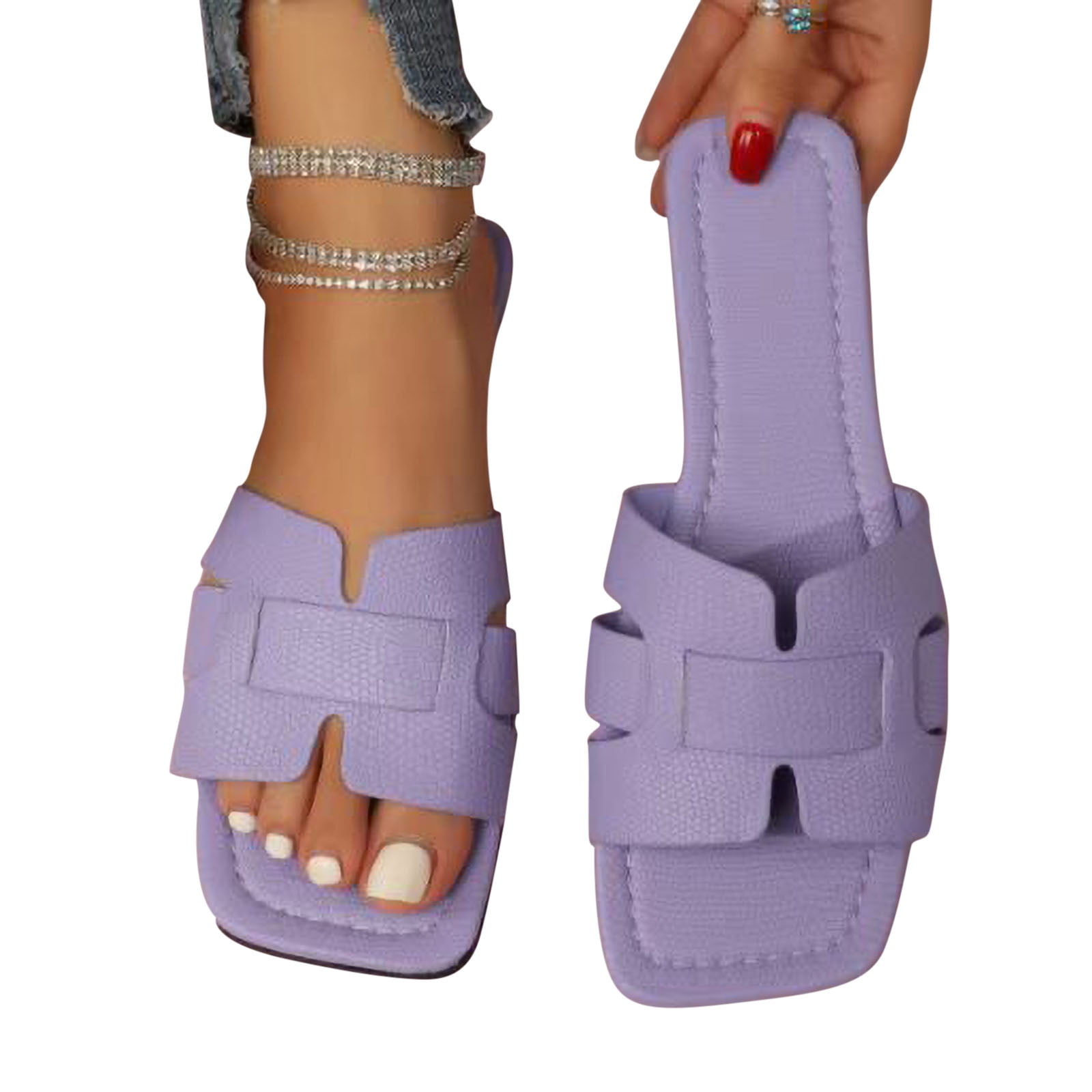 Jacenvly 2024 New Women's Rectang Toe Casual Flat Sandals Solid Color ...