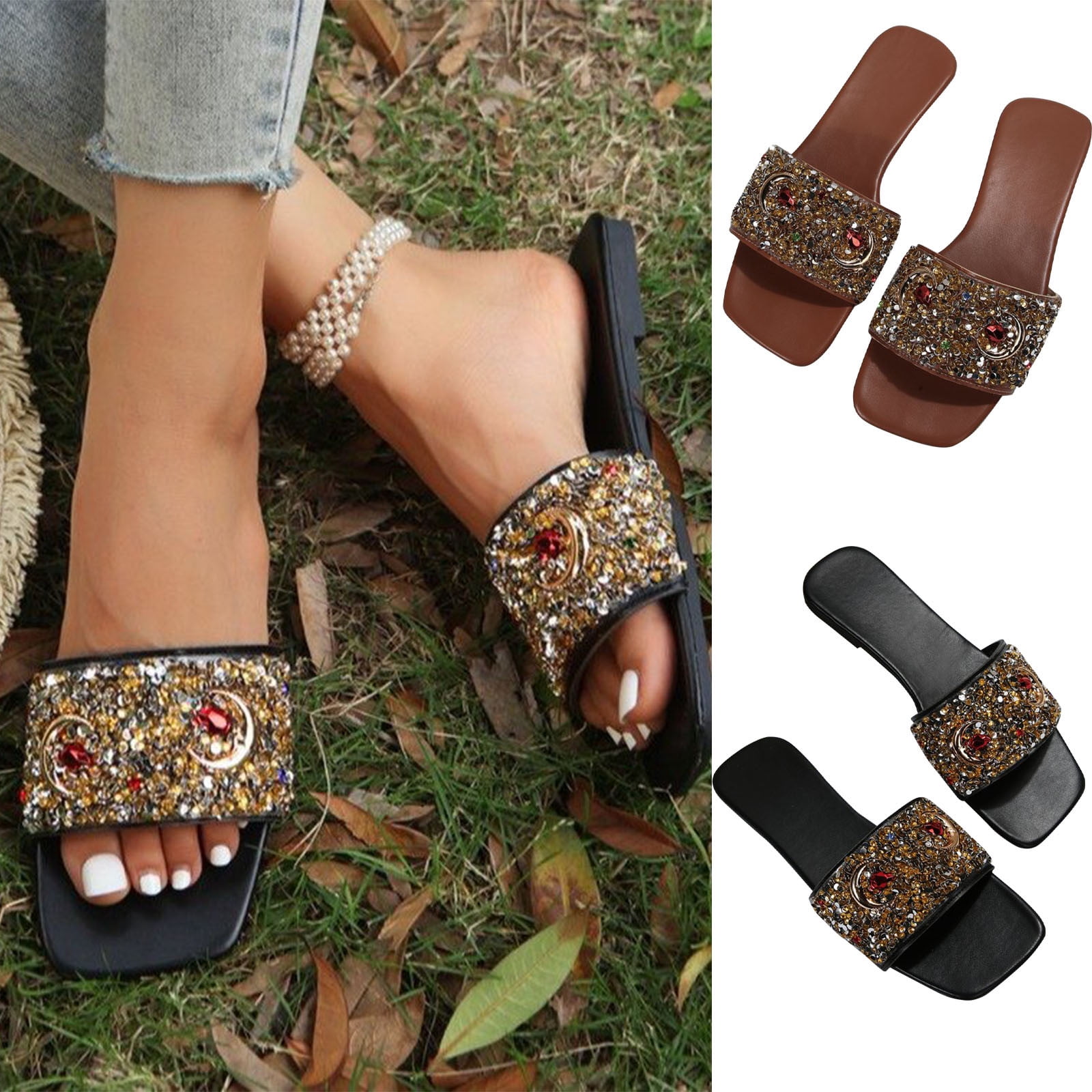 Jacenvly 2024 New Women's Rhinestone Metal Embellishment Glamorous Flat ...
