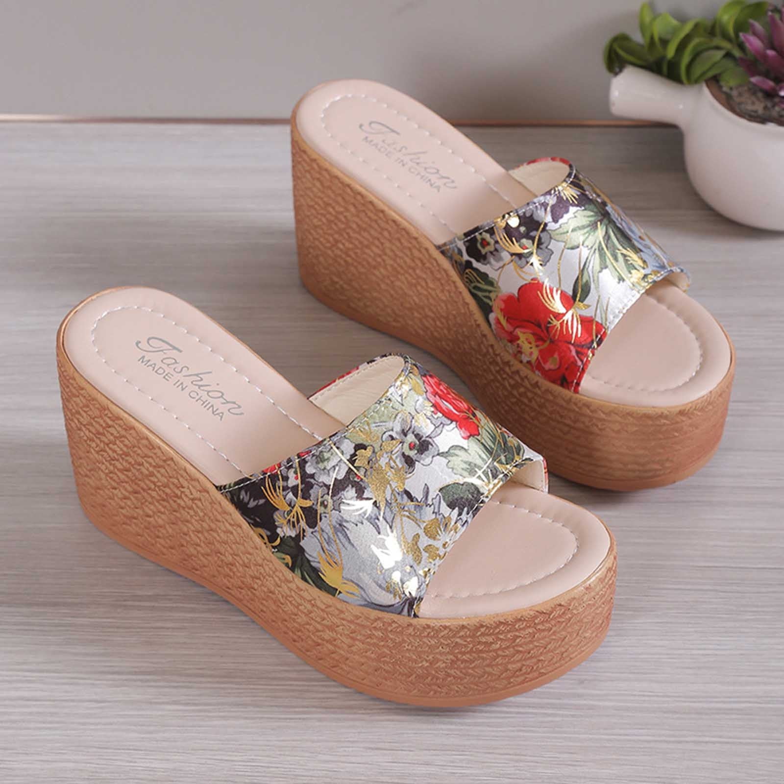 Jacenvly 2024 New Women's Summer Platform Solid Color Floral Wedge ...