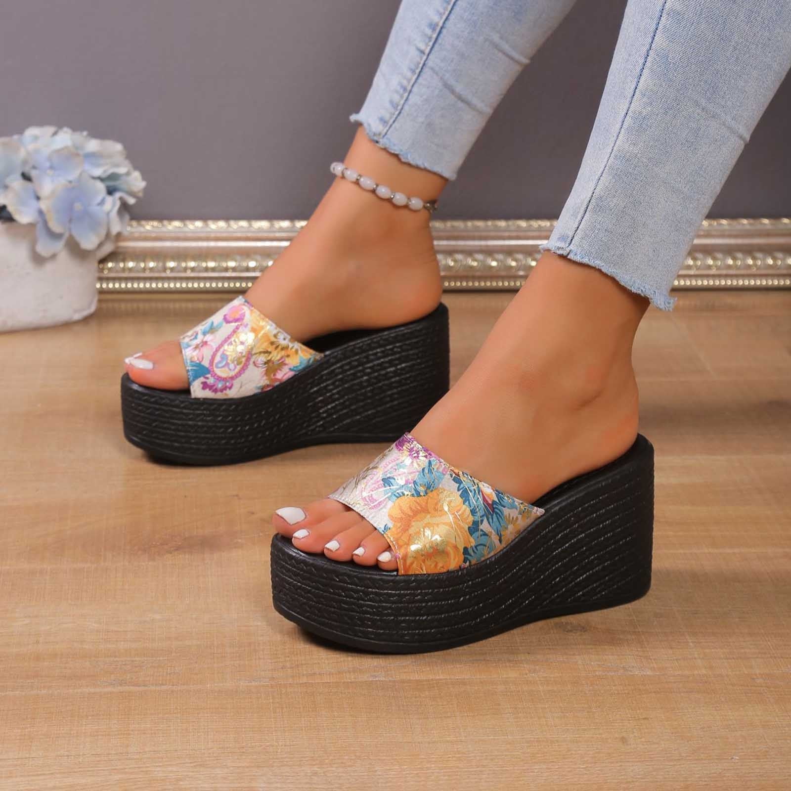 Jacenvly 2024 New Women's Summer Platform Solid Color Floral Wedge ...