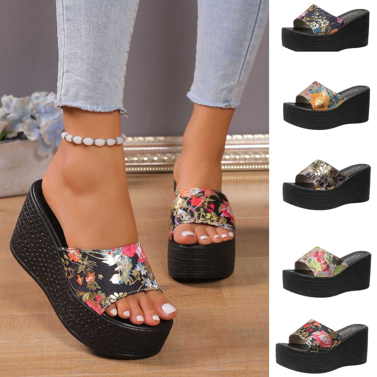 Jacenvly 2024 New Women's Summer Solid Color Floral Wedge Sandals Black ...