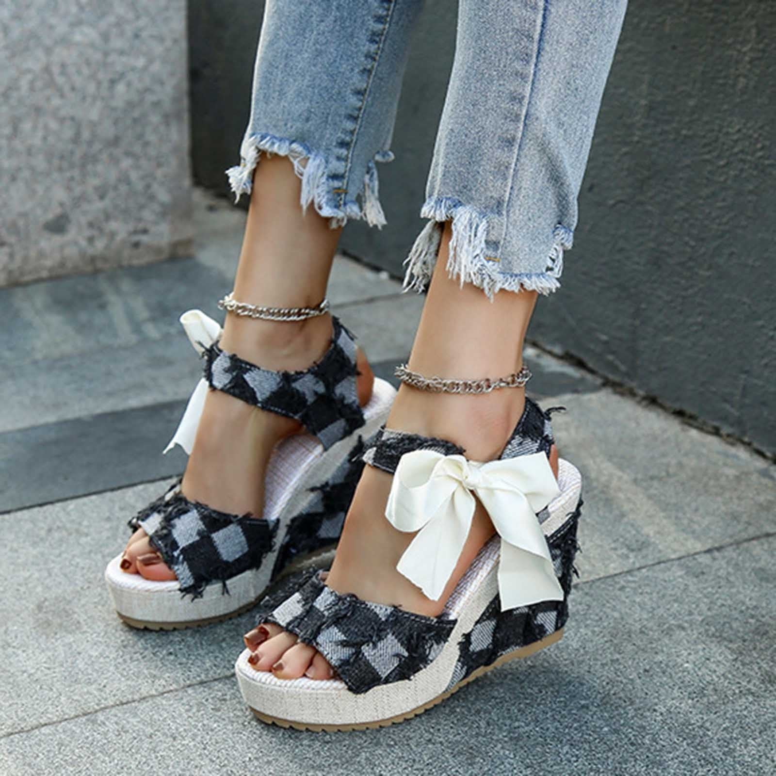 Jacenvly 2024 New Women's Summer Solid Color One-Line Platform Bow Lace ...