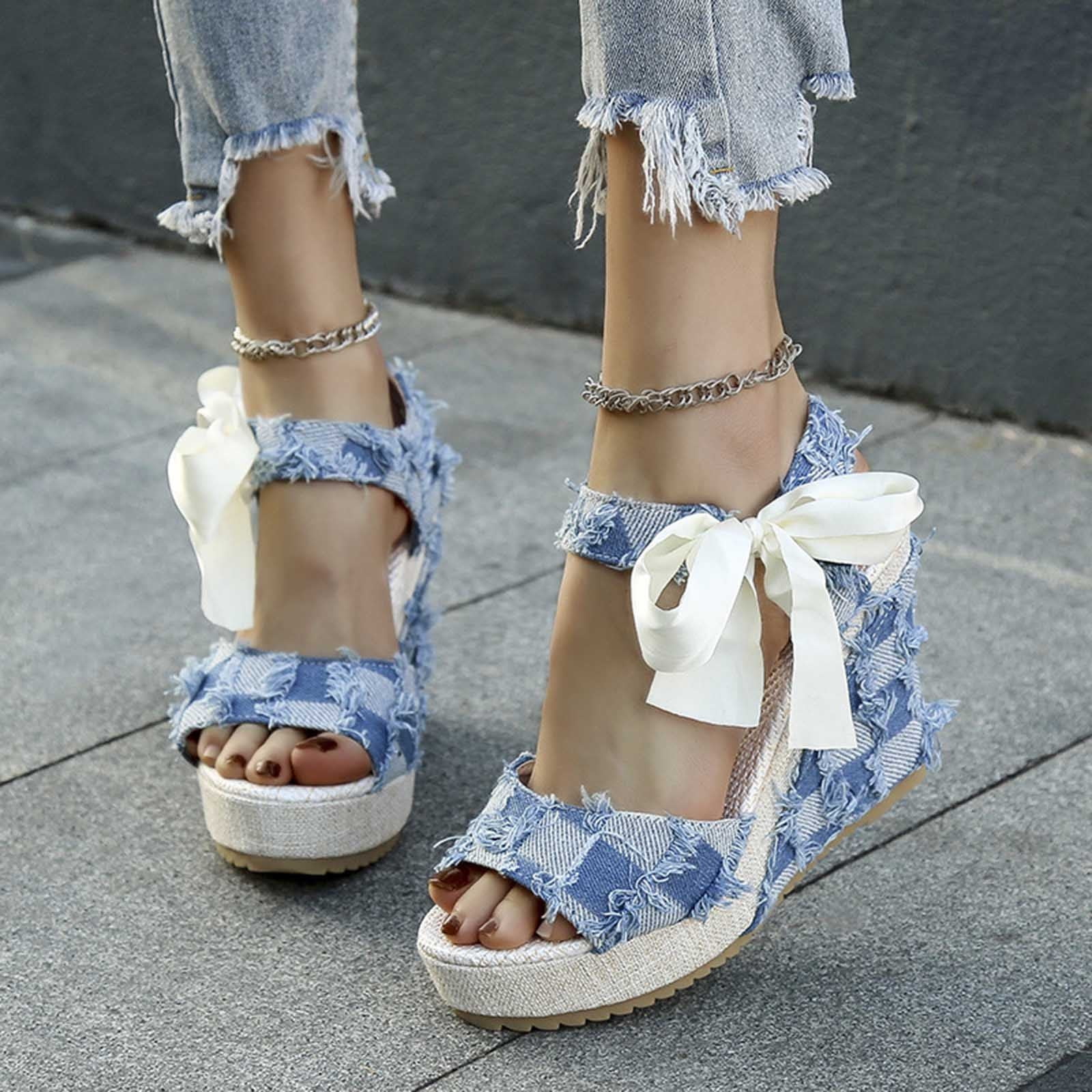 Jacenvly 2024 New Women's Summer Solid Color One-Line Platform Bow Lace ...