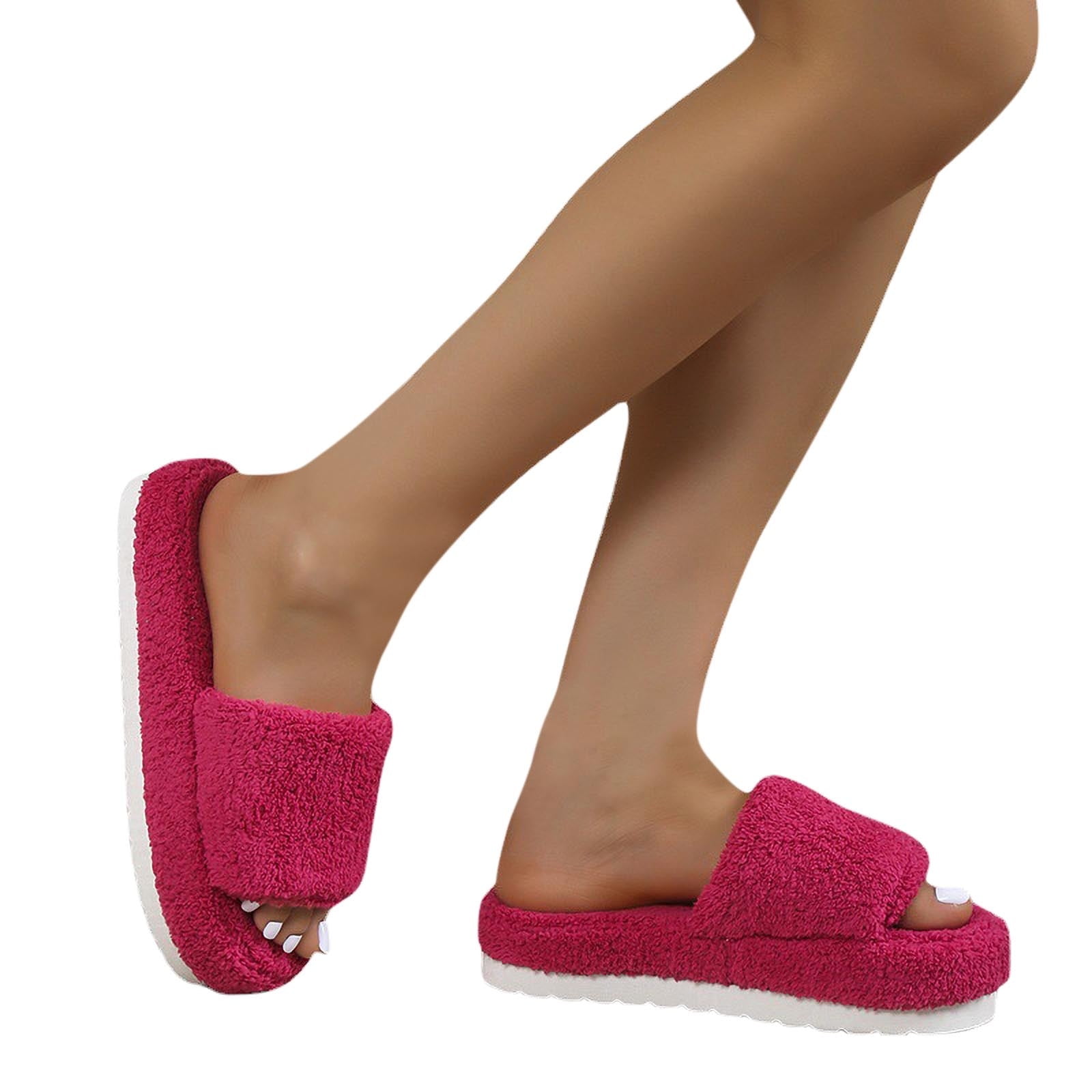 Jacenvly 2024 New Women's Thick Soled Furry Slippers and Furry Solid ...