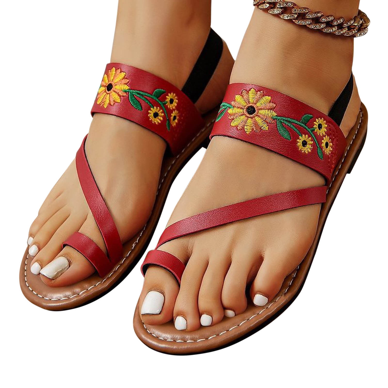 Jacenvly 2024 New Women's Toe Ring Slide Sandals Floral Embroidered ...