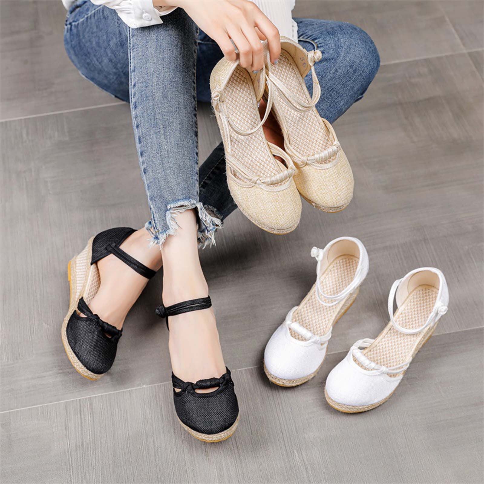 Jacenvly 2024 New Womens Closed Toe Wedges Shoes Platform Slingback Mid Low Heel Canvas Dress ...