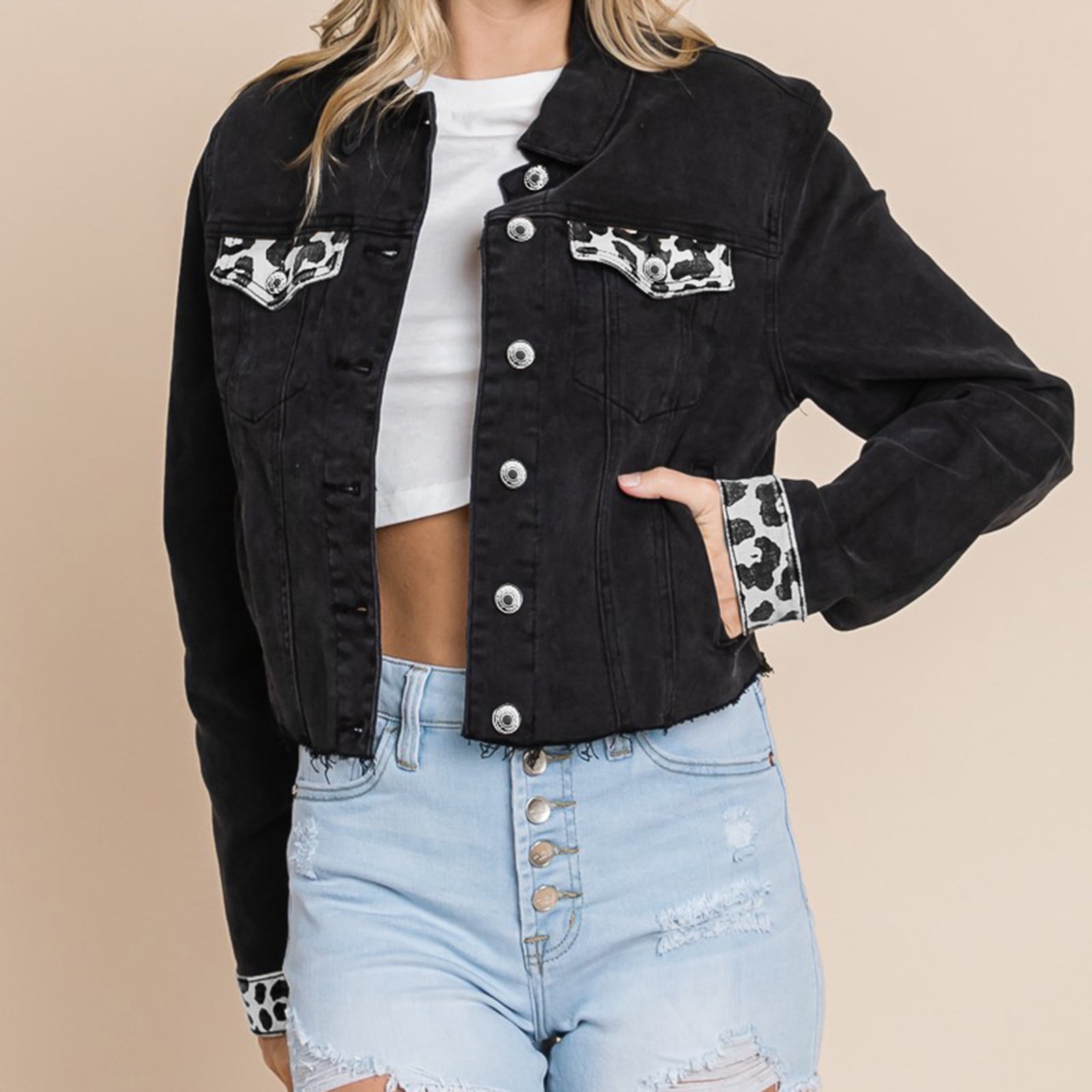 Jacenvly Jackets for Women Casual 2024 Leopard Print Denim Jacket Soft ...