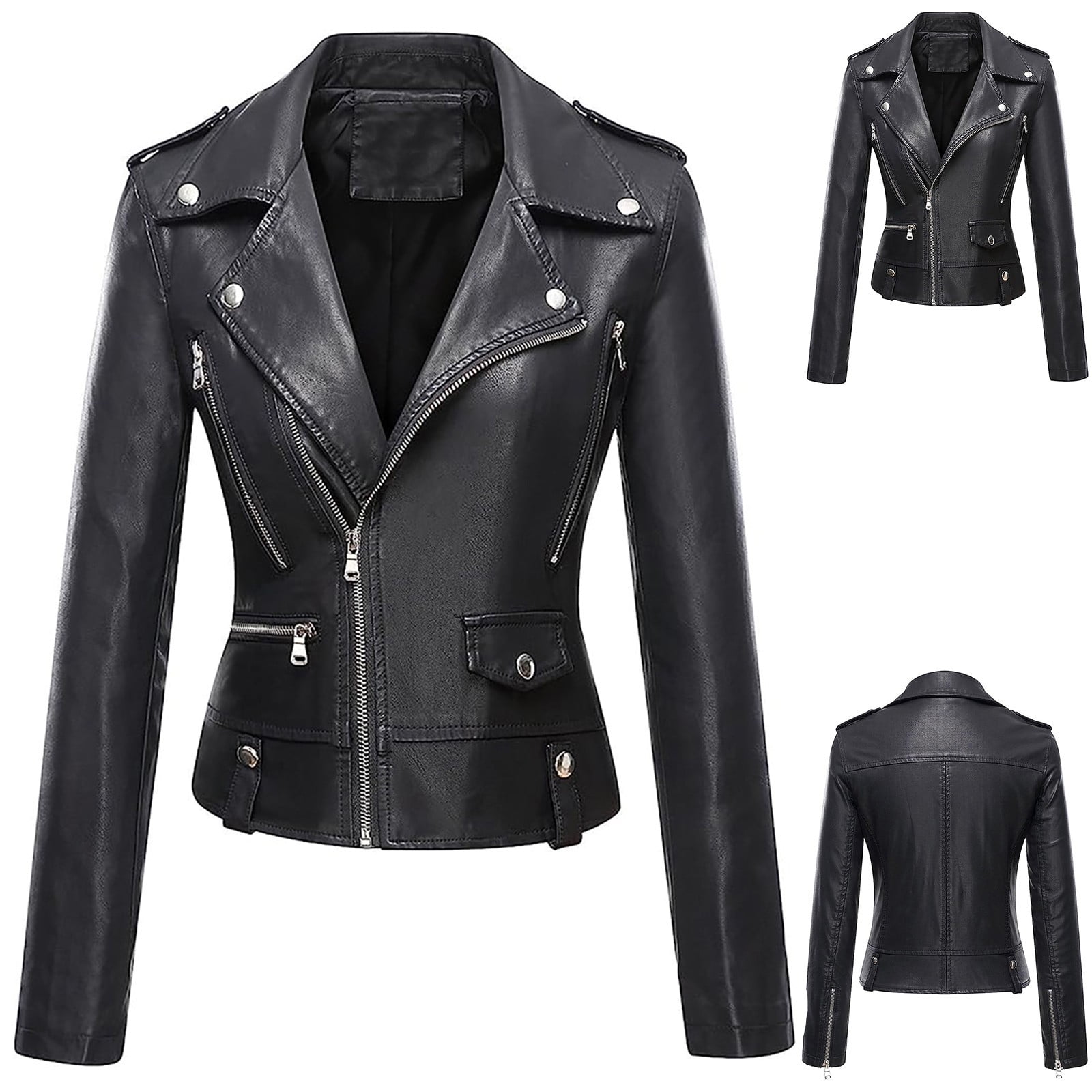 Jacenvly Leather Jacket Women Lapels Long Sleeve Cropped Fall Blazers ...