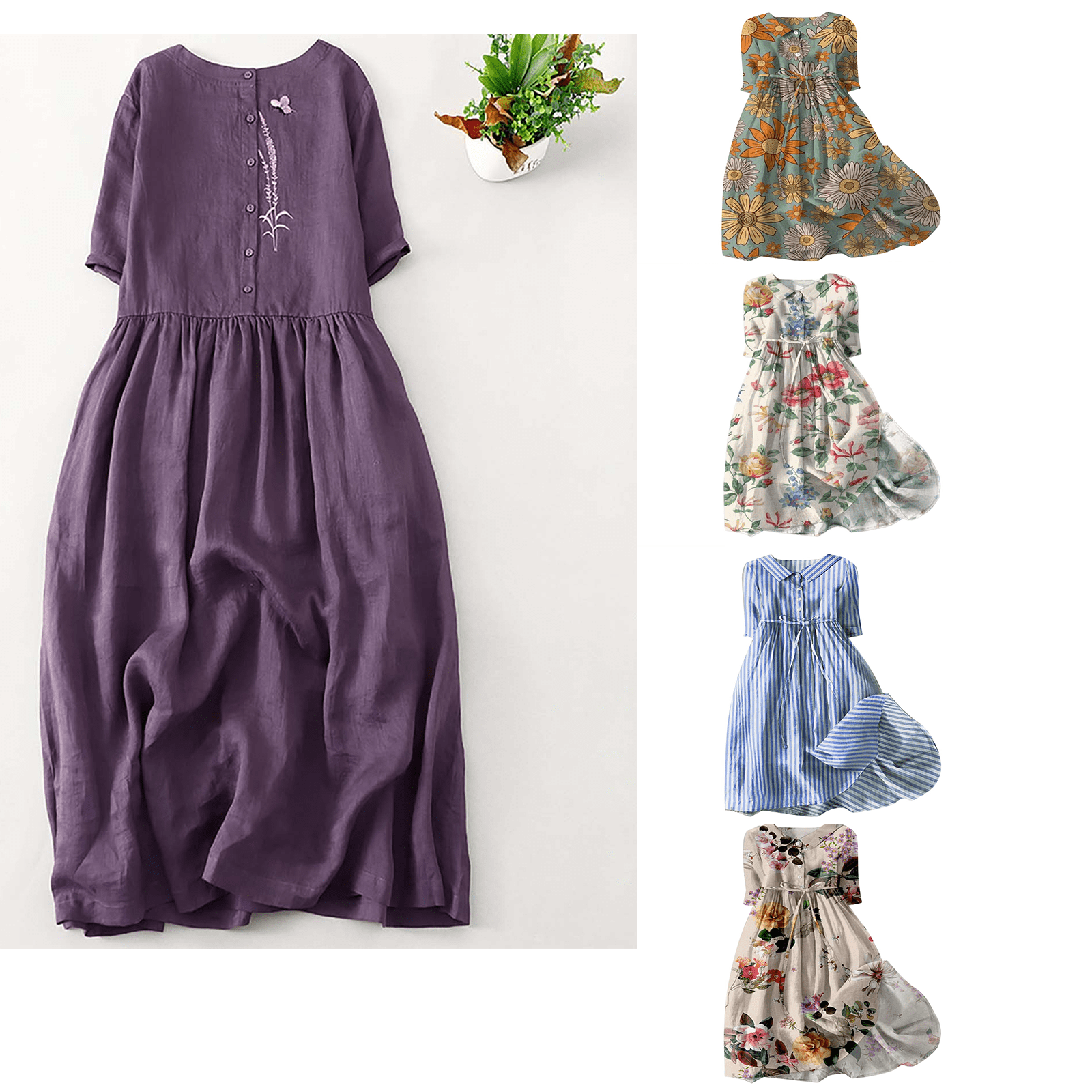 Jacenvly New Dresses for Women Casual Solid Color Loose Cotton and ...