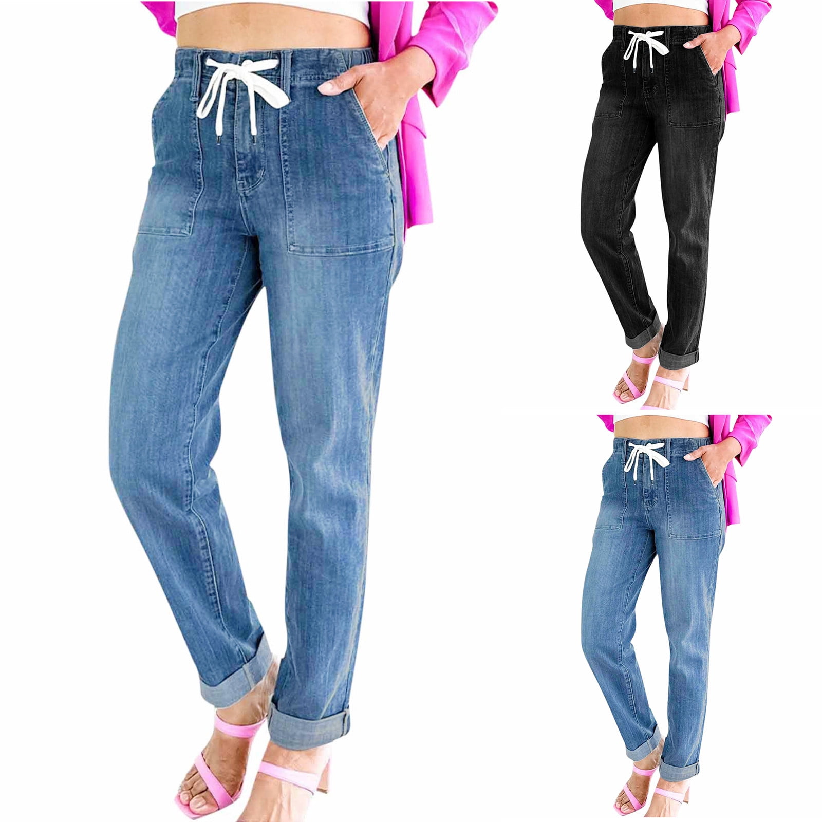 Jacenvly New Jeans for Women Plus Size Long Pants Fashion Solid Elastic ...