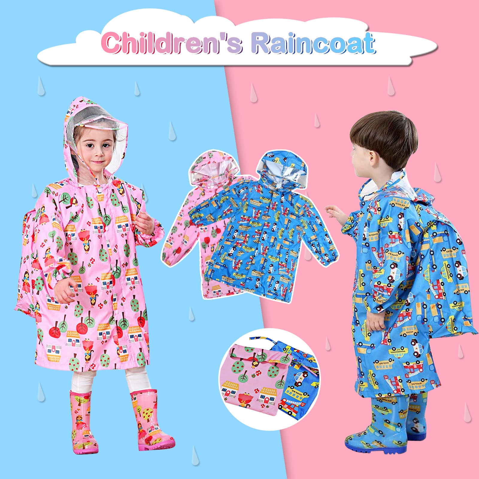 Jacenvly New Rain Jackets for Kids Toddler Kids Rainwear with School Bag Cover Raincoat Rain ...