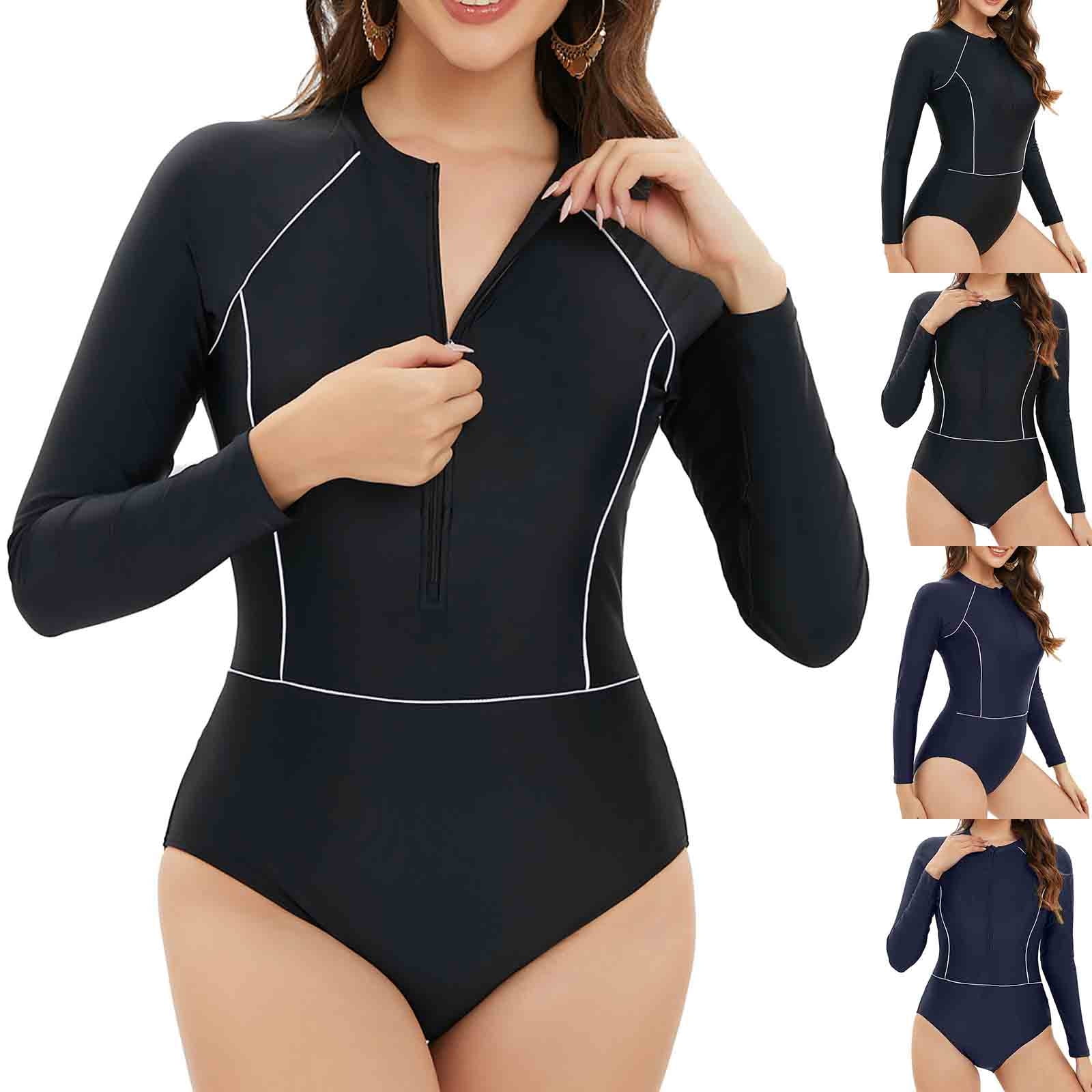 Jacenvly One Piece Swimsuits for Women Cozy Long Sleeve Diving Suit Solid Zip Front Surfing ...