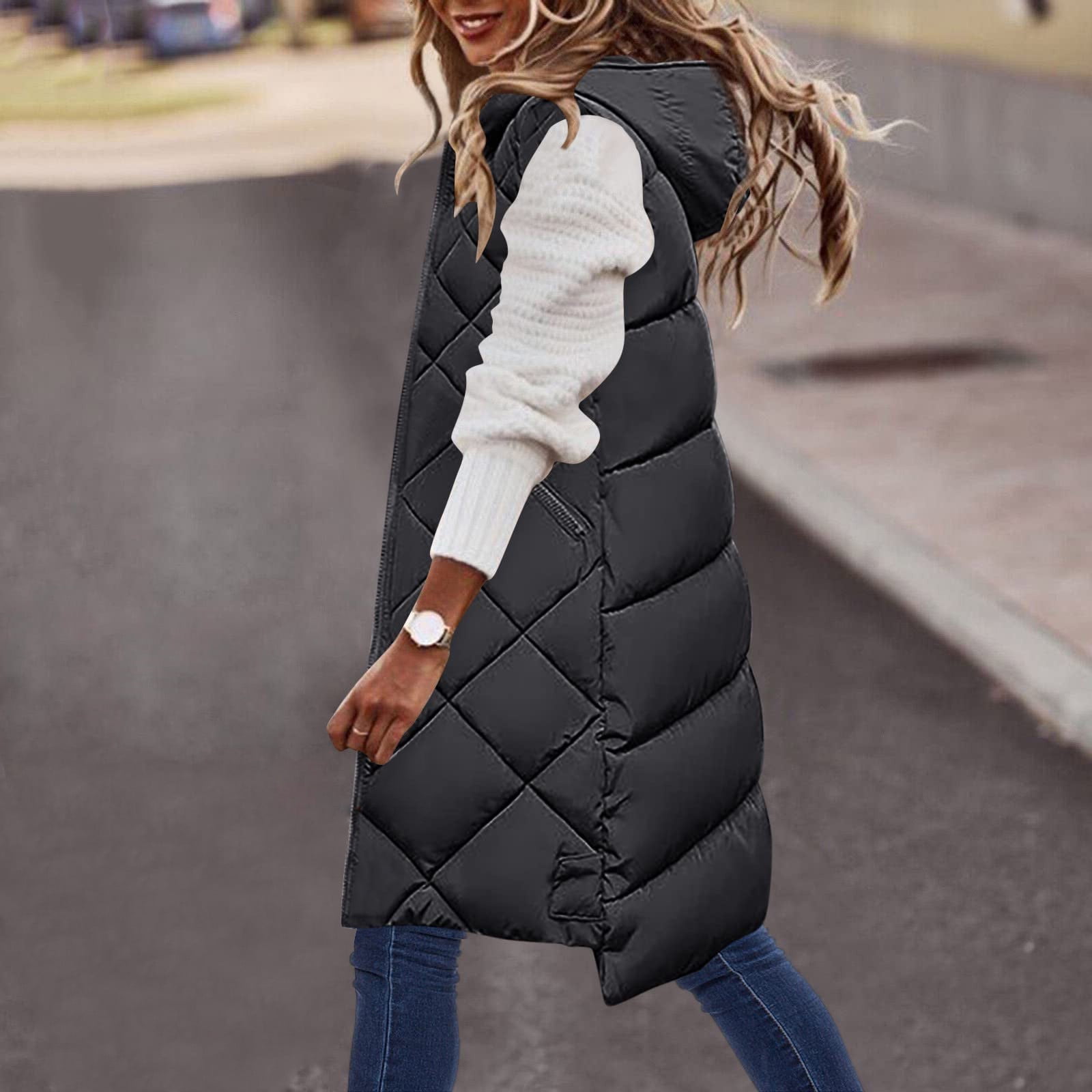 Jacenvly Winter Women's Long Down Vest Zipper Puffer Ladies Warm Pocket ...