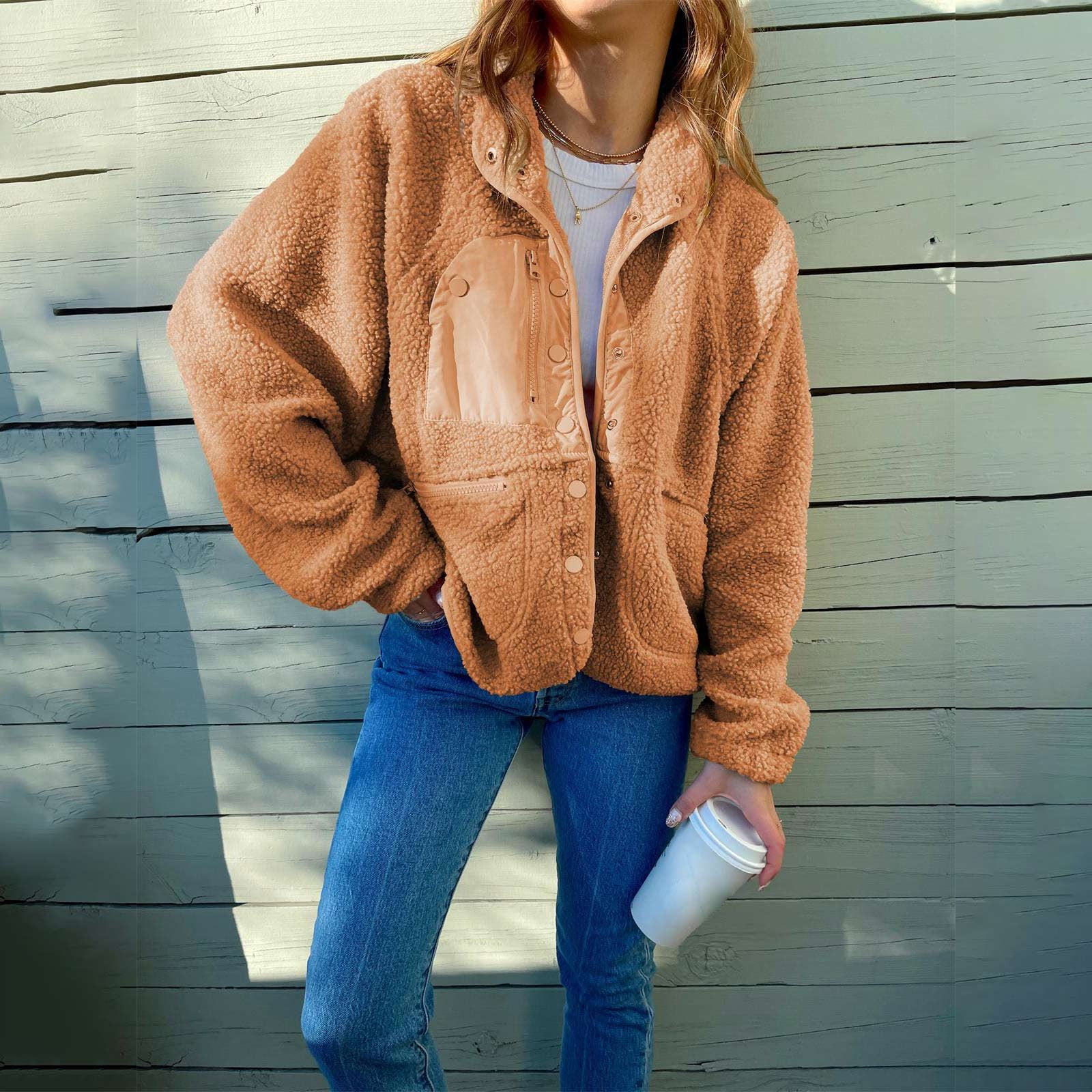 Jacenvly Womens Flannel Jacket Clearance Solid Fleece Jacket Soft ...