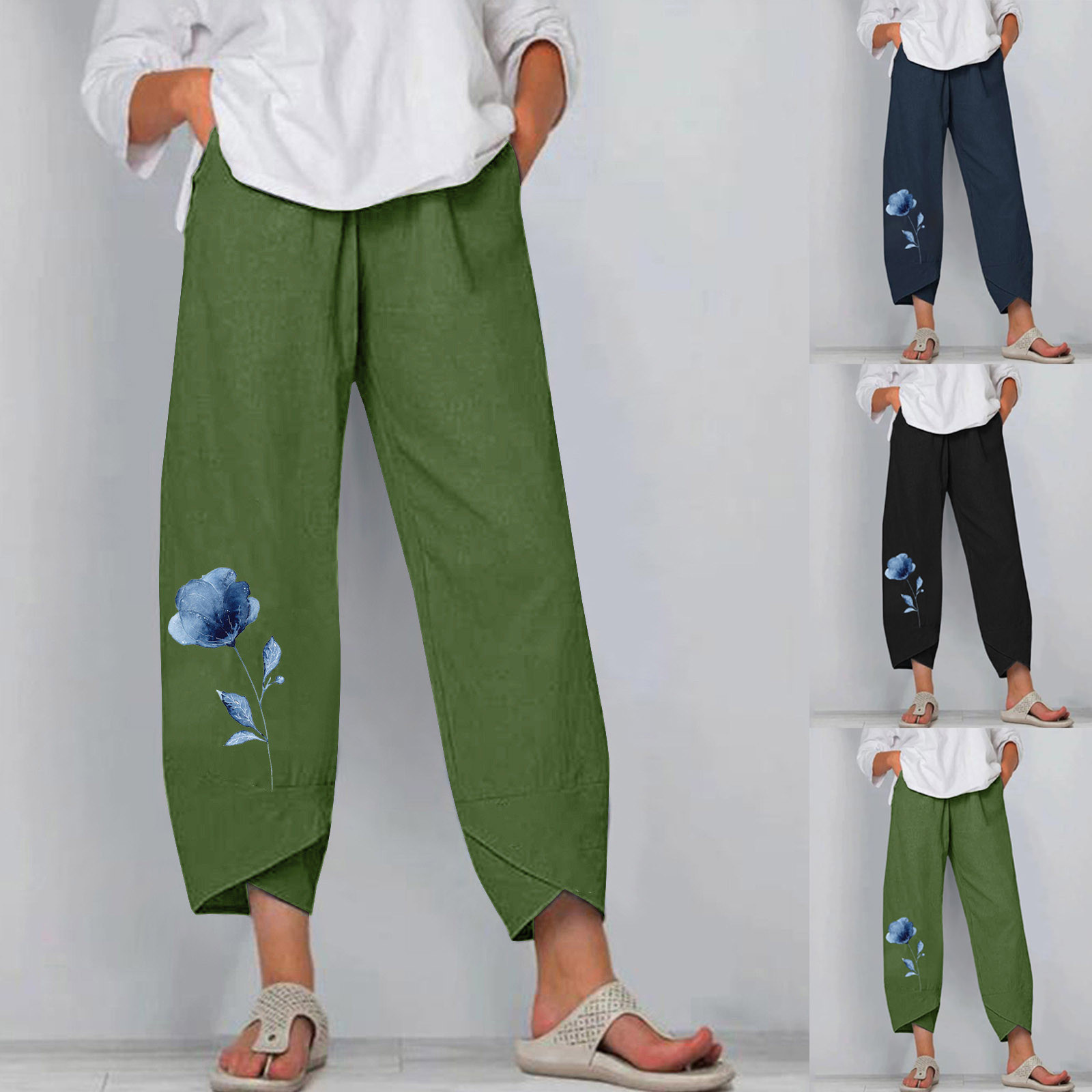 Jacenvly linen pants women Bundle Foot Long Elastic Waisted Drawstring ...