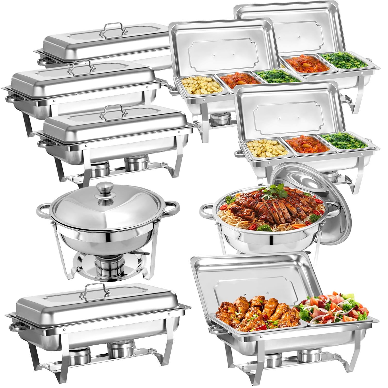 Jacgood 10 Pack Chafing Dish Rectangular 8QT 1/3 Pan×6+Round 5QT×2+Half Pan×2 Chafers Stainless ...