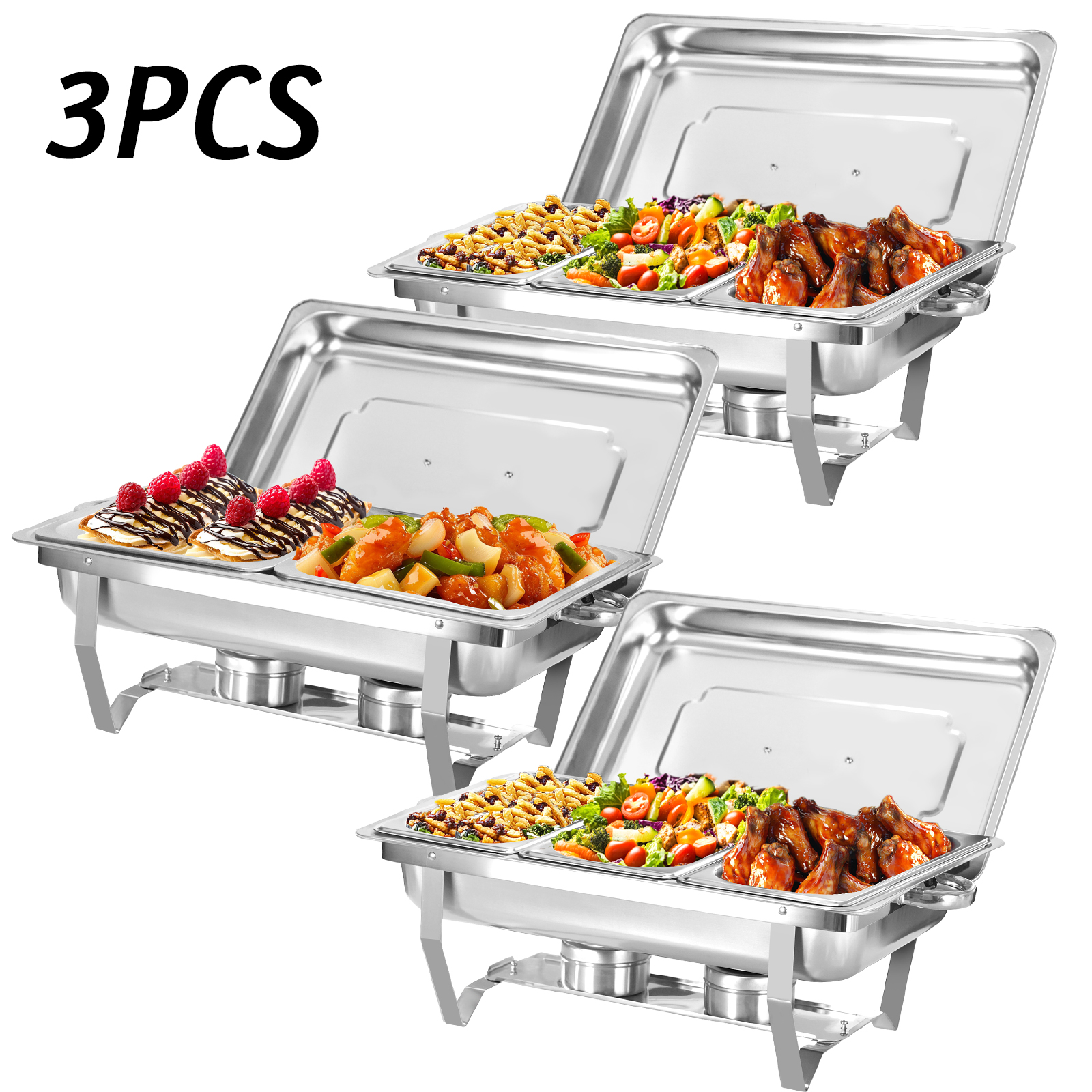 Jacgood 3 Pack Chafing Dish Buffet Set 8QT，Silver Stainless Steel Food Warmer Chafer Kit Food ...