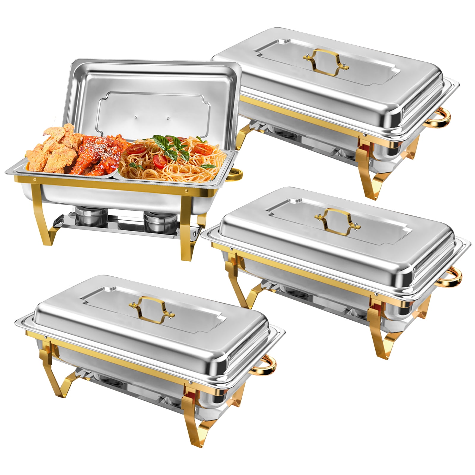 Jacgood Chafing Dish Buffet Set 4 Pack, 8QT Gold Stainless Steel Food ...