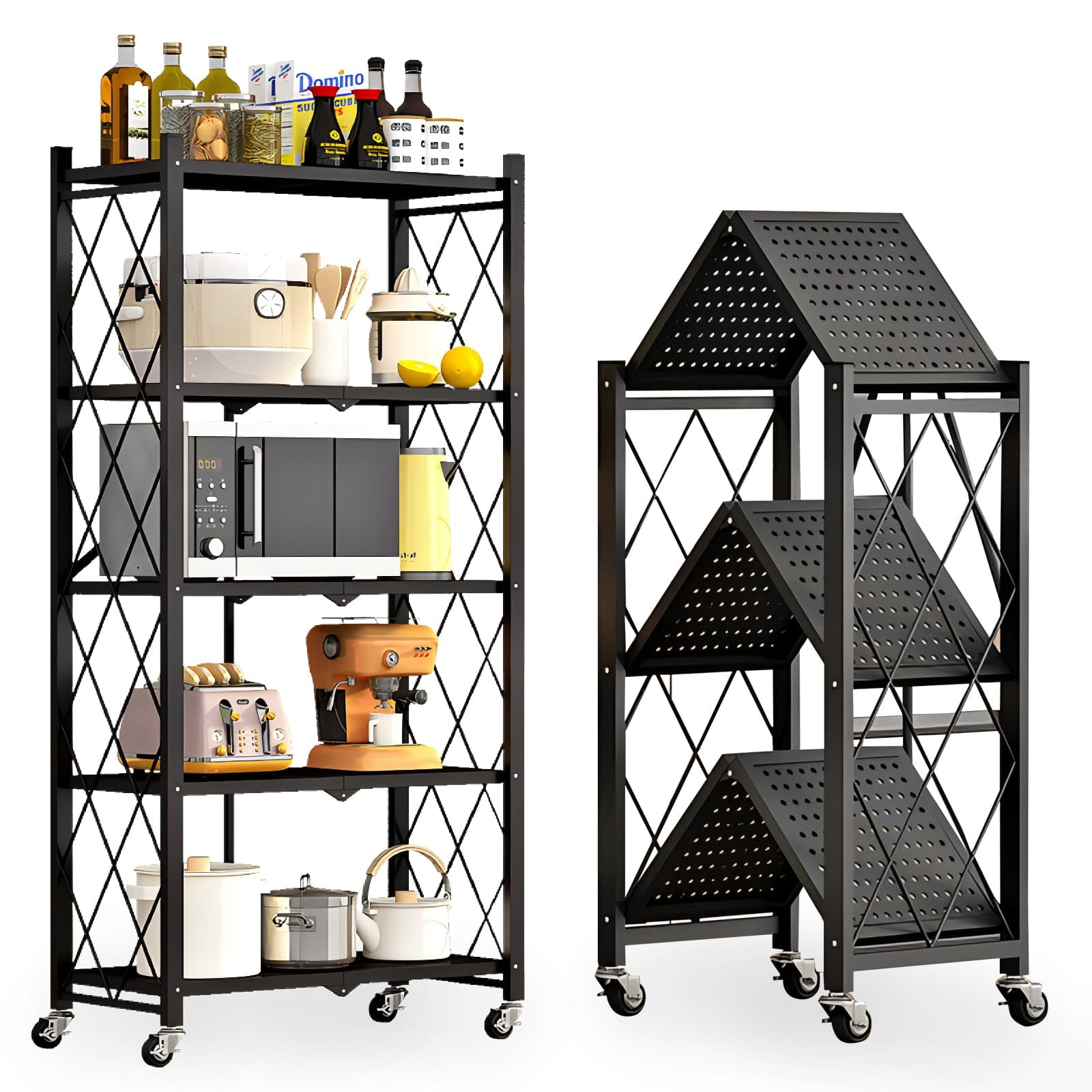 Jacgood 5-Tier Metal Storage Shelves with Wheels, Foldable Garage ...