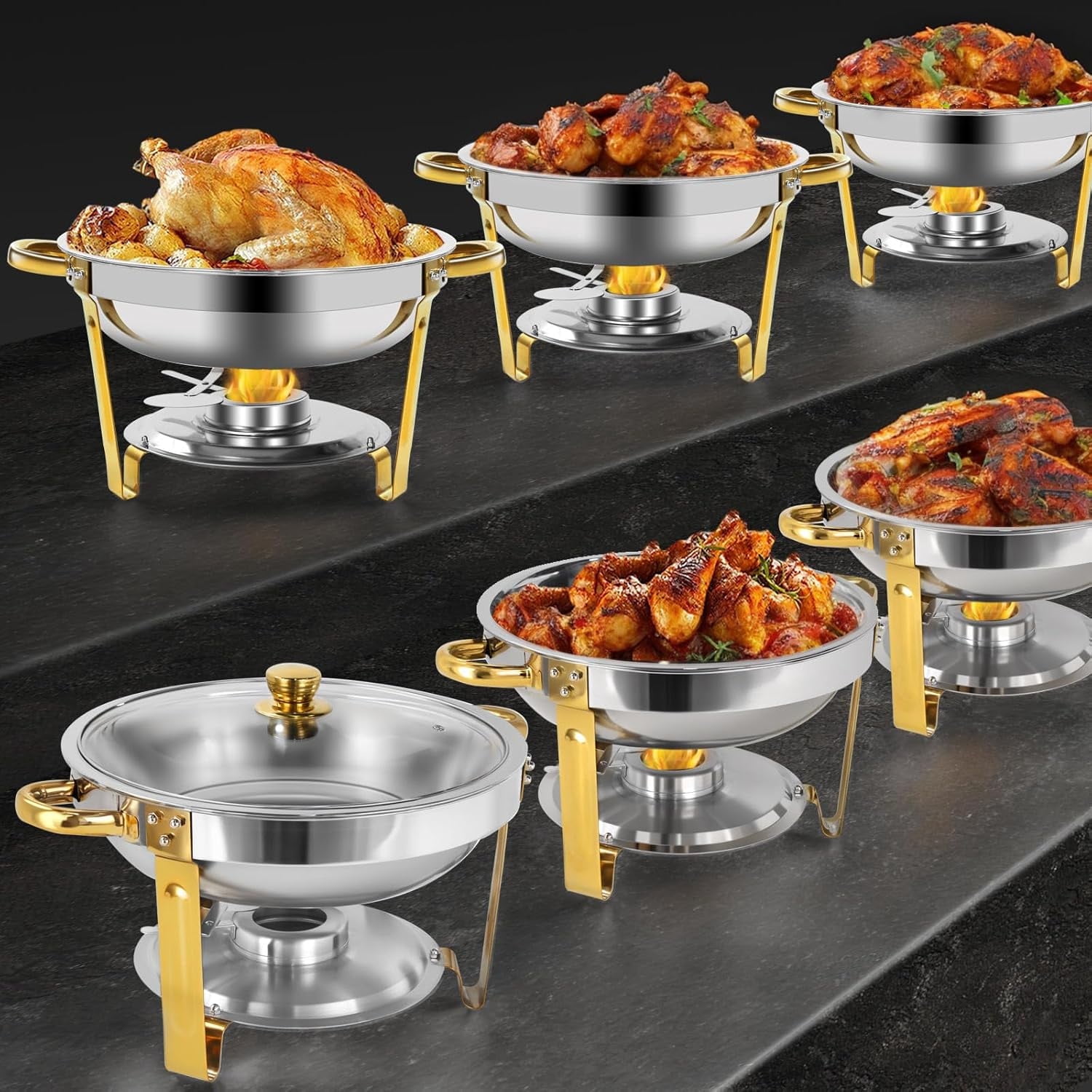 Jacgood 6 Pack 5 Quart Stainless Steel Round Chafing Dish Set Buffet ...