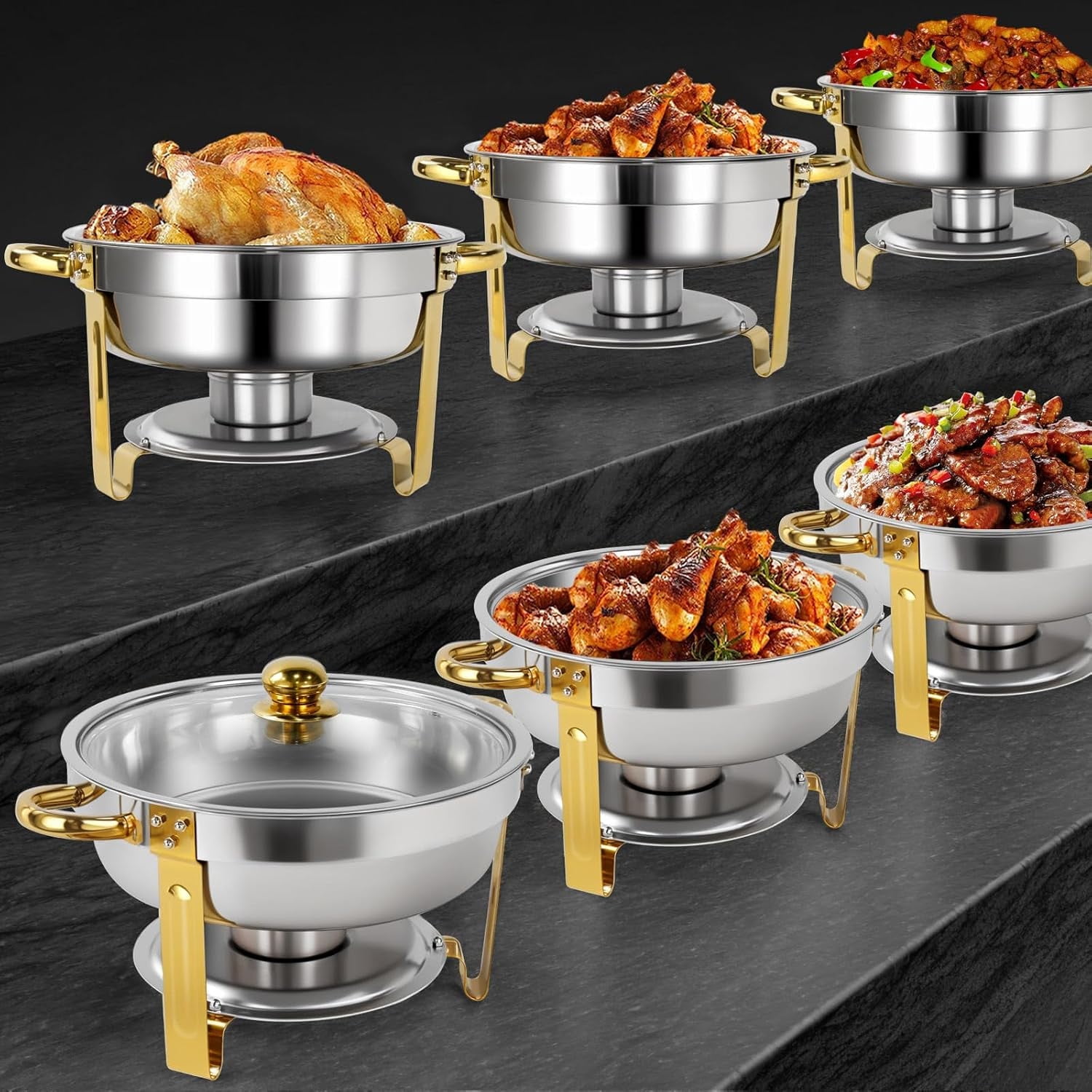 Jacgood 6 Pack 6 Quart Stainless Steel Round Chafing Dish Set Buffet ...