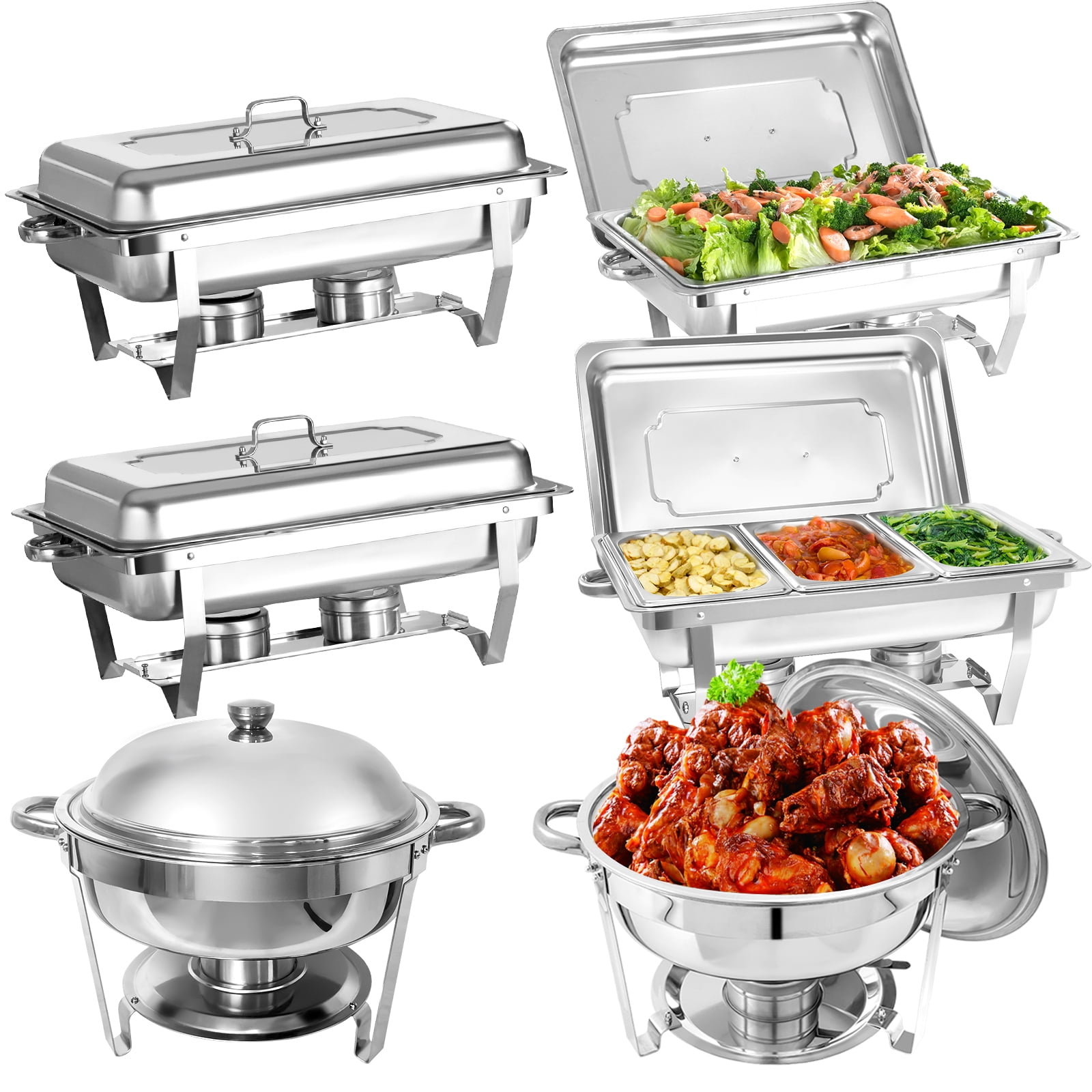 Jacgood 6 Pack Chafing Dish Rectangular full pan×2+1/3 pan×2+round 6QT× ...