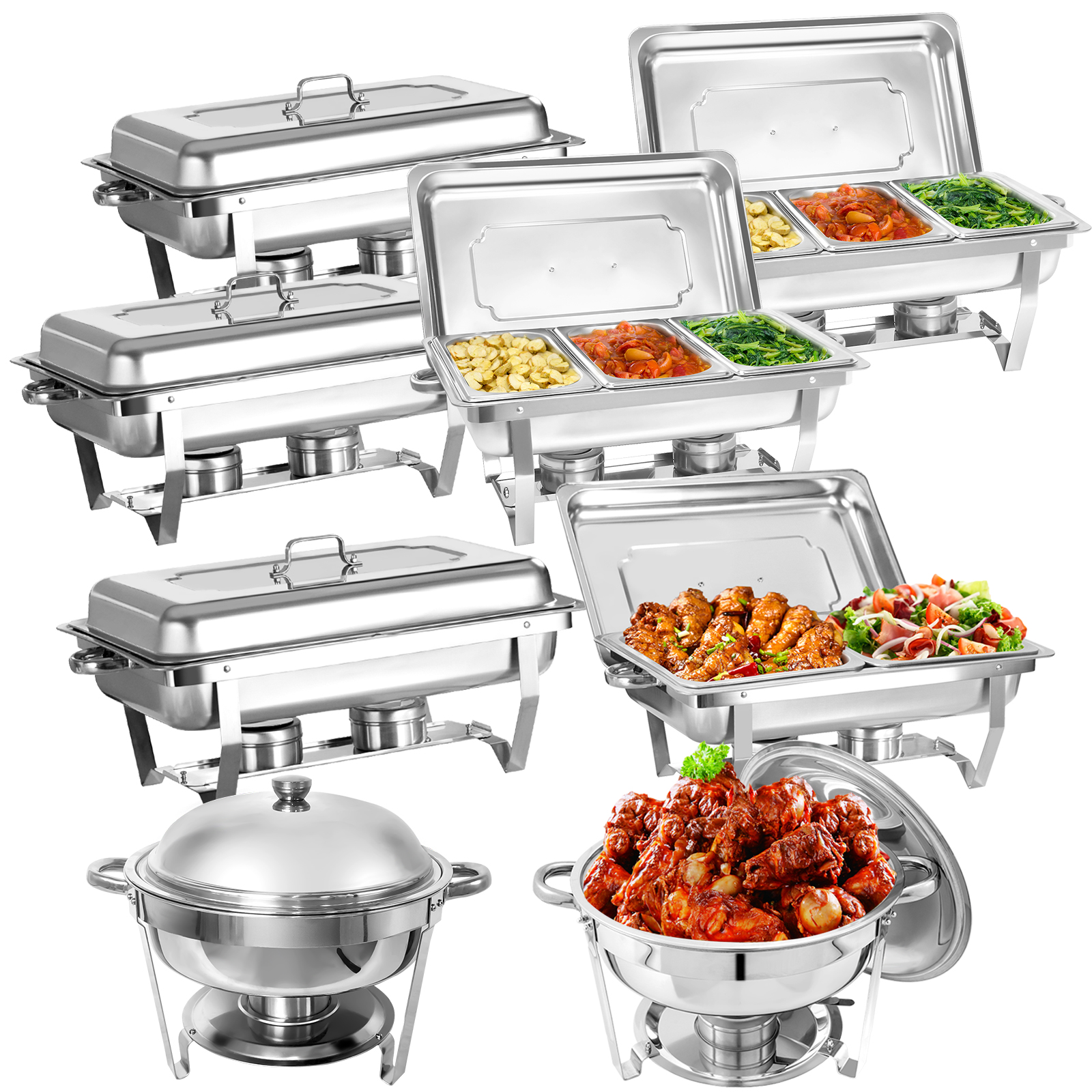 Jacgood 8 Pack Chafing Dish Rectangular 8QT 1/3 Pan×4+Half Pan×2+Round 6QT×2 Chafers Stainless ...