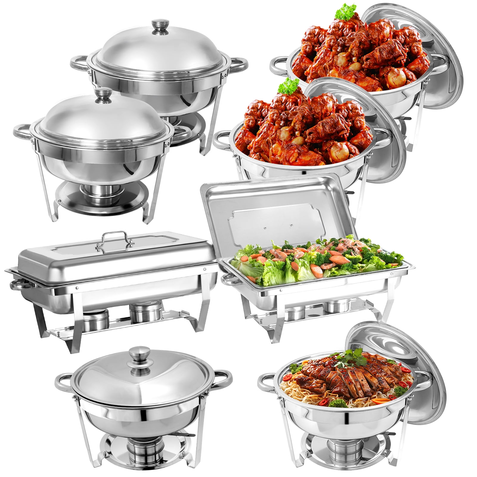 Jacgood 8 Pack Chafing Dish Round 6QT×4+Rectangular 8QT Full Pan×2+Round 5QT×2 Chafers Stainless ...