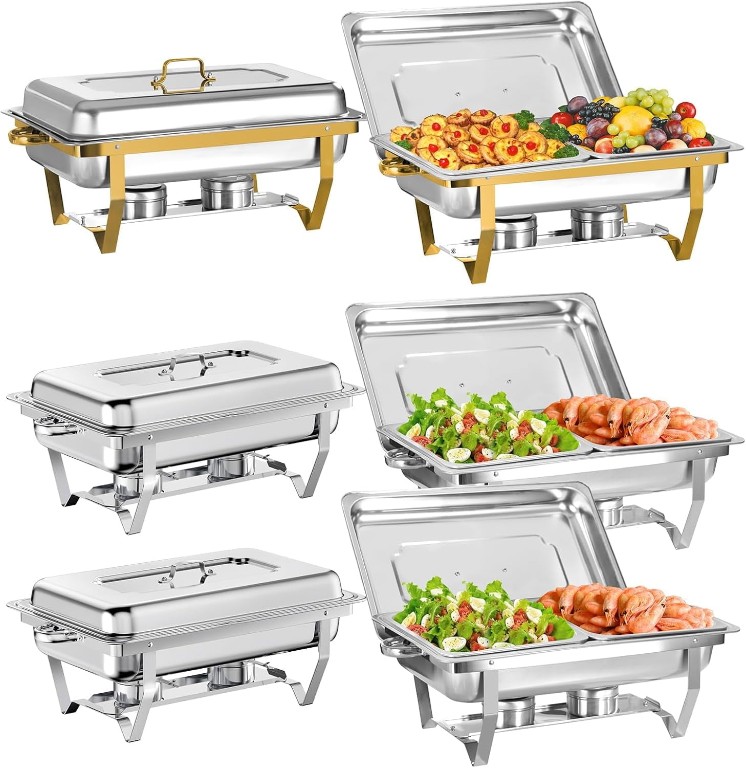 Jacgood Chafing Dish Buffet Set 6 Pack 1/2 Pan, 8QT Rectangular 2 Gold & 4 Silver Stainless ...