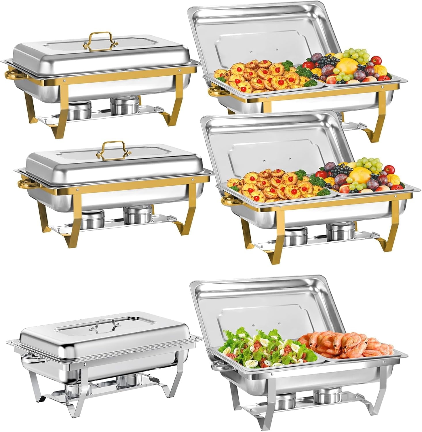Jacgood Chafing Dish Buffet Set 6 Pack 1/2 Pan, 8QT Rectangular 4 Gold & 2 Silver Stainless ...