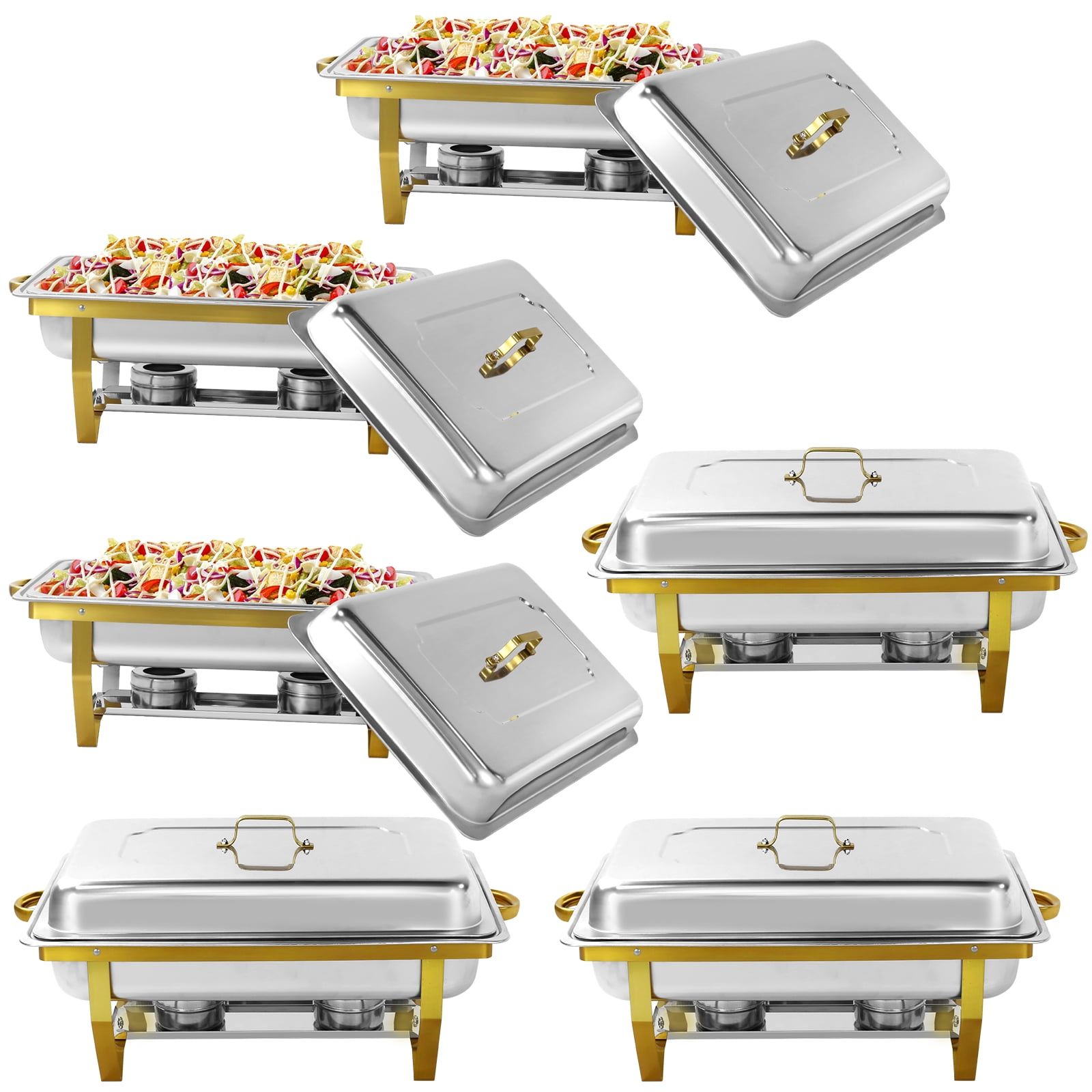 Jacgood Rectangle Golden Chafing Dish Buffet Set, 8Qt 6 Pack Full Pan Stainless Steel Catering ...