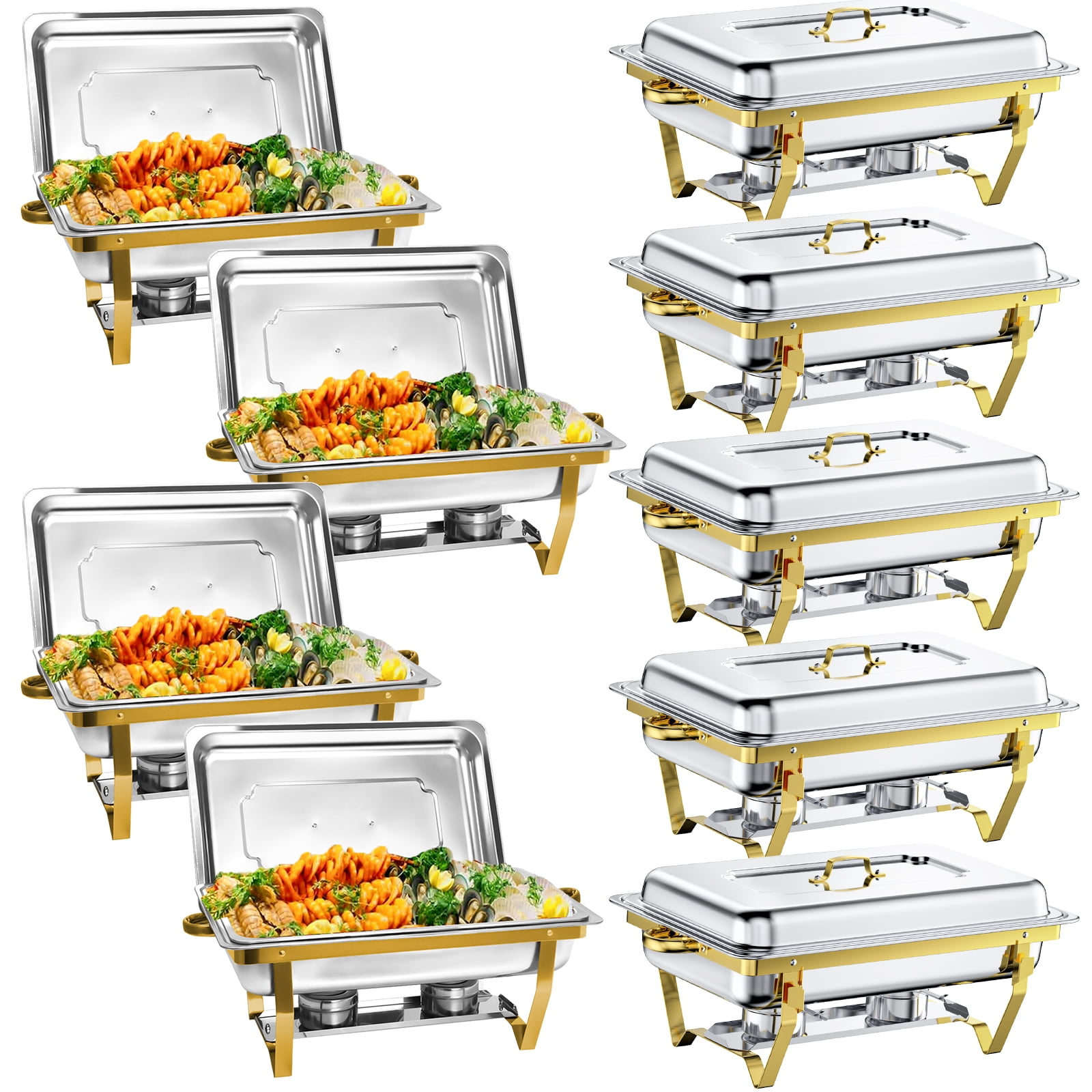 Jacgood Rectangle Golden Chafing Dish Buffet Set, 8Qt 9 Pack Full Pan Stainless Steel Catering ...