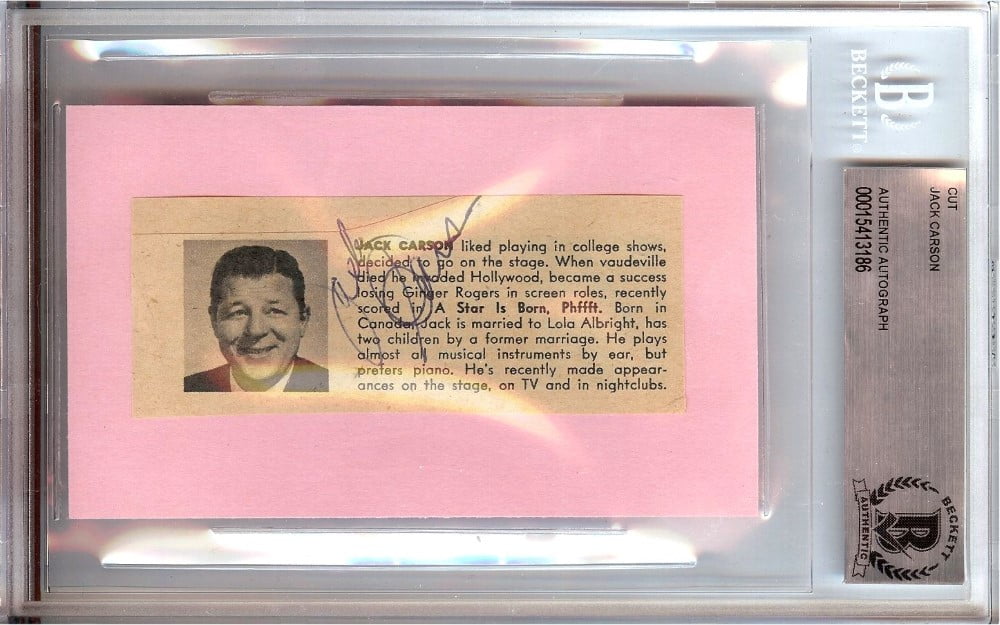 Jack Carson Signed Autographed Cut Signature Hollywood Actor Beckett ...