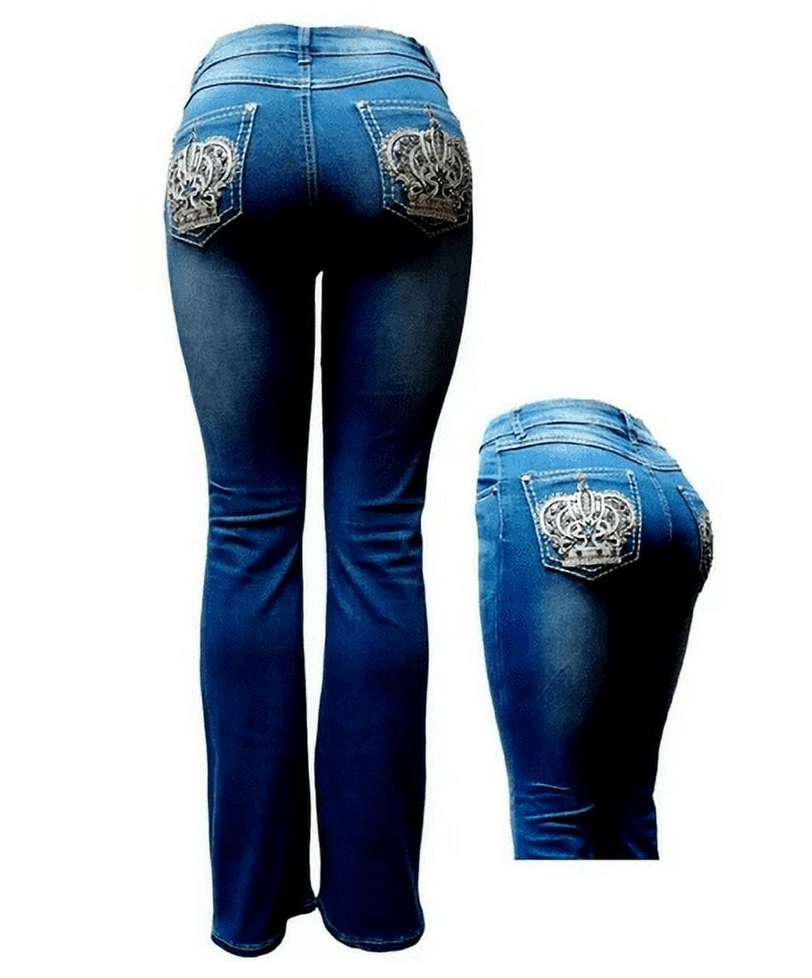 Jack David H&Y Women's Rhinestone Mid Rise Bootcut Stretchy Denim Jeans ...