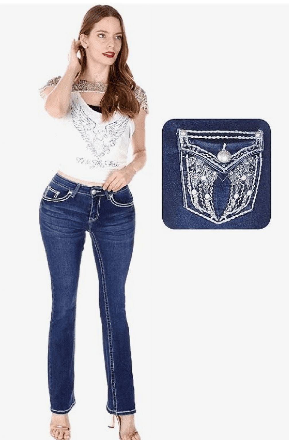 Jack David Women's Rhinestone Mid Rise Bootcut Stretchy Denim Jeans Pants (Bootcut Blue 724-pb ...