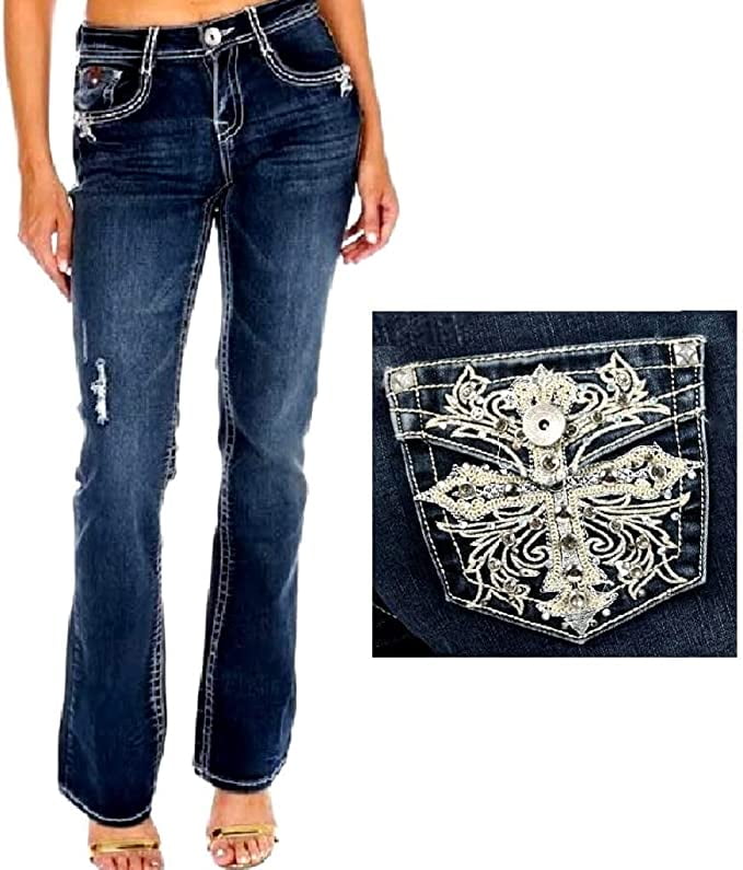 Jack David Women's Rhinestone Mid Rise Dark/Medium Wash Denim Boot Cut ...