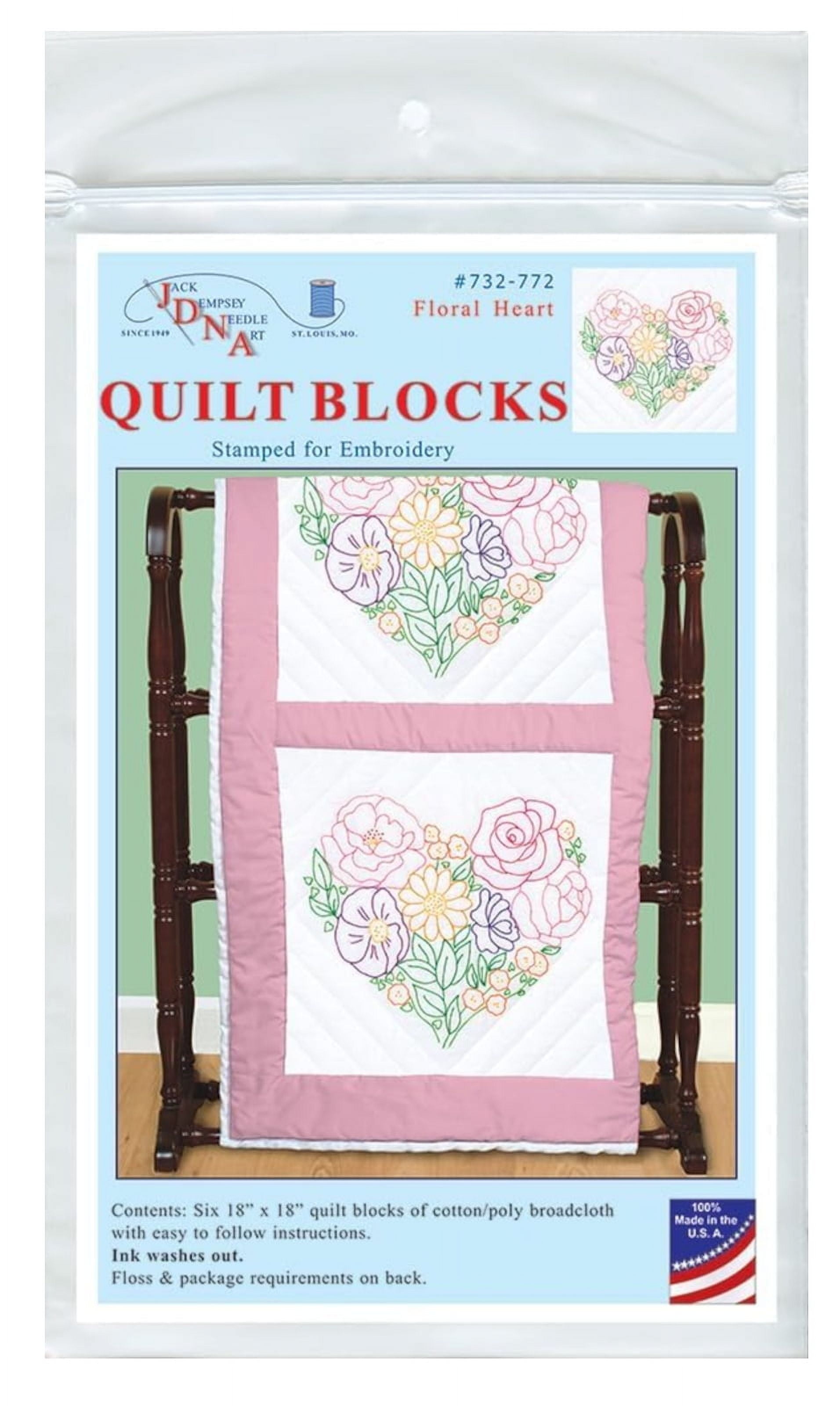 Jack Dempsey Stamped White Quilt Blocks 18"X18" 6/Pkg-Floral Heart ...