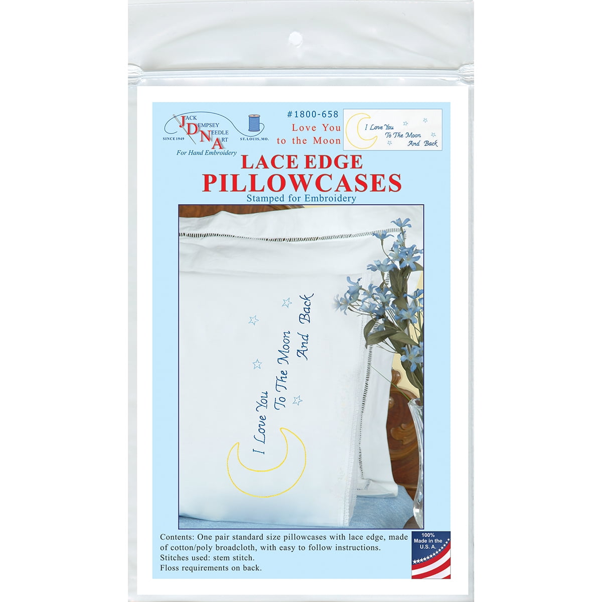 Jack Dempsey Stamped Pillowcases, White Lace Edge, Love You To The Moon ...