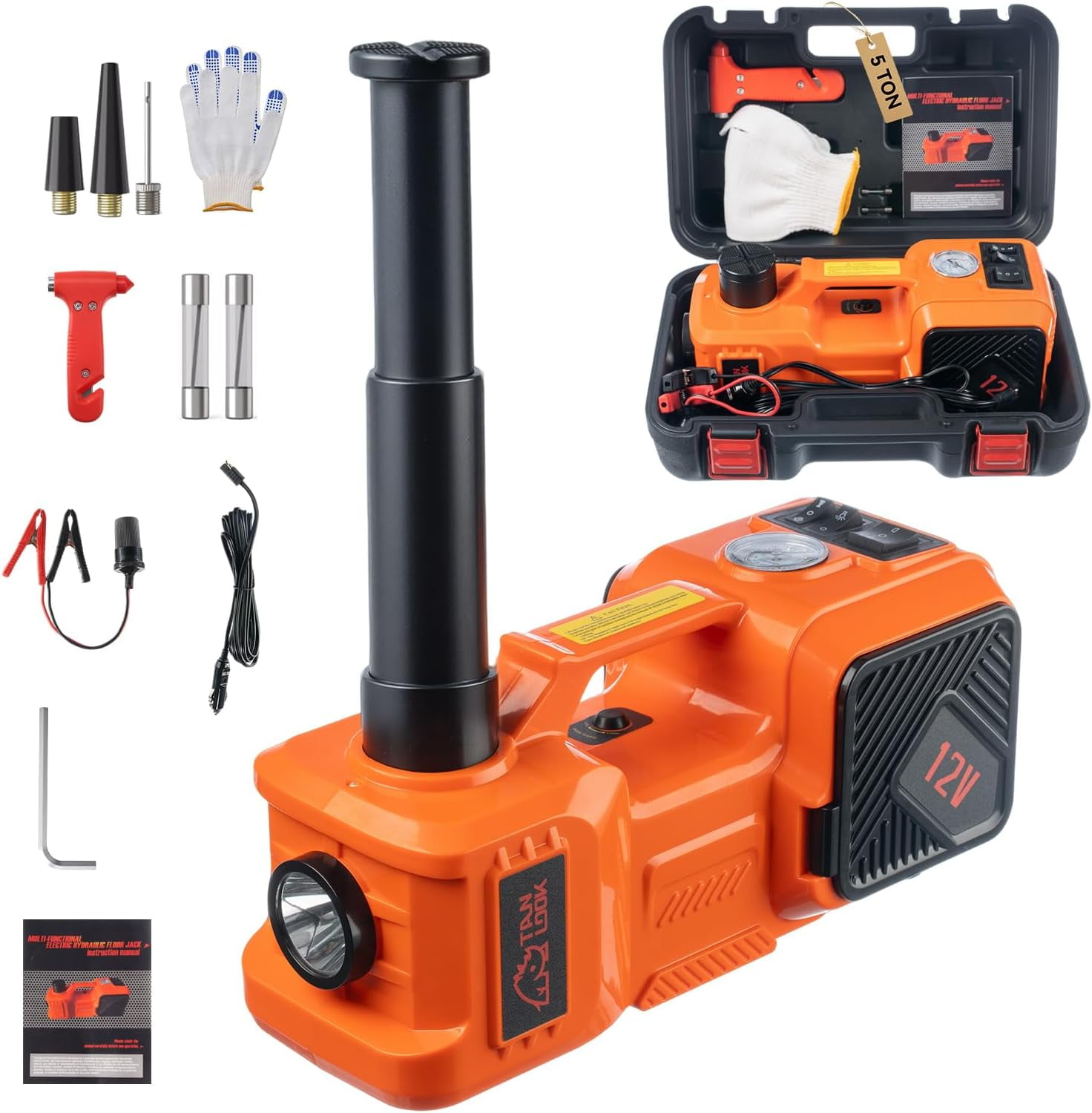 Jack Kit with Hydraulic Lift 5-Ton, Inflator Heavy-Duty 12V Floor Jack ...