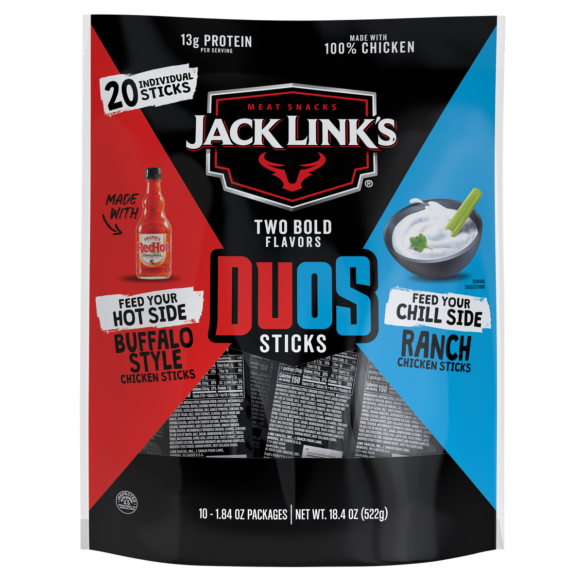 Jack Link's Duos Chicken Sticks, Buffalo Style and Ranch, 1.84 oz, 10 ...