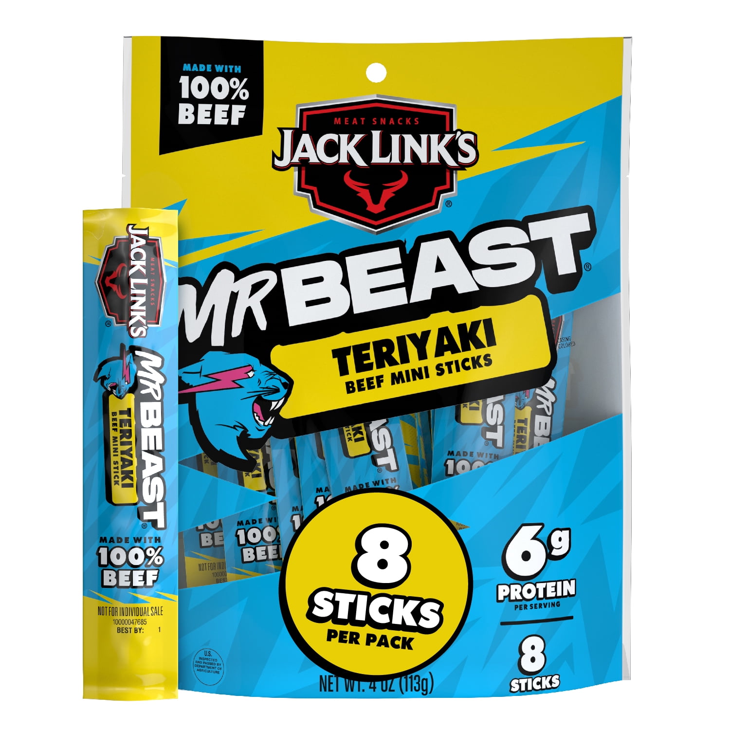 Jack Link’s x MrBeast Teriyaki Mini Beef Sticks, 4 ounce Bag, 8 count ...