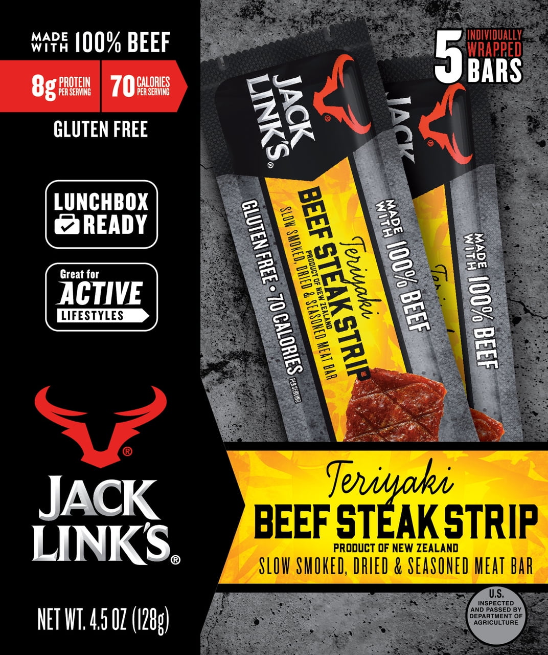 Jack Links 100% Beef Teriyaki Steak Bars 4.5oz 5 Count Multipack Box ...