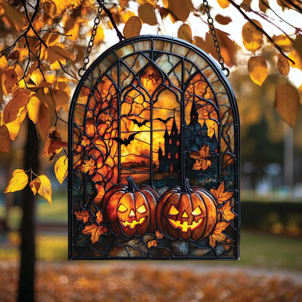 Jack-O-Lantern Pumpkins Faux Stained Glass Acrylic Suncatcher Gothic ...
