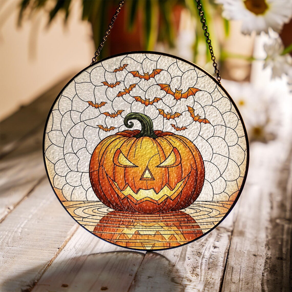 Jack-O'-Lantern Stained Glass Suncatcher, Halloween Pumpkin Window ...
