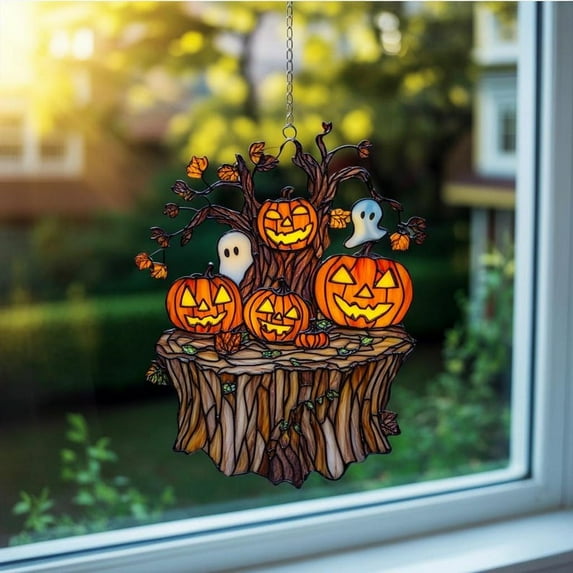 Jack-O'-Lantern Tree Acrylic Suncatcher - Halloween Faux Stained Glass ...