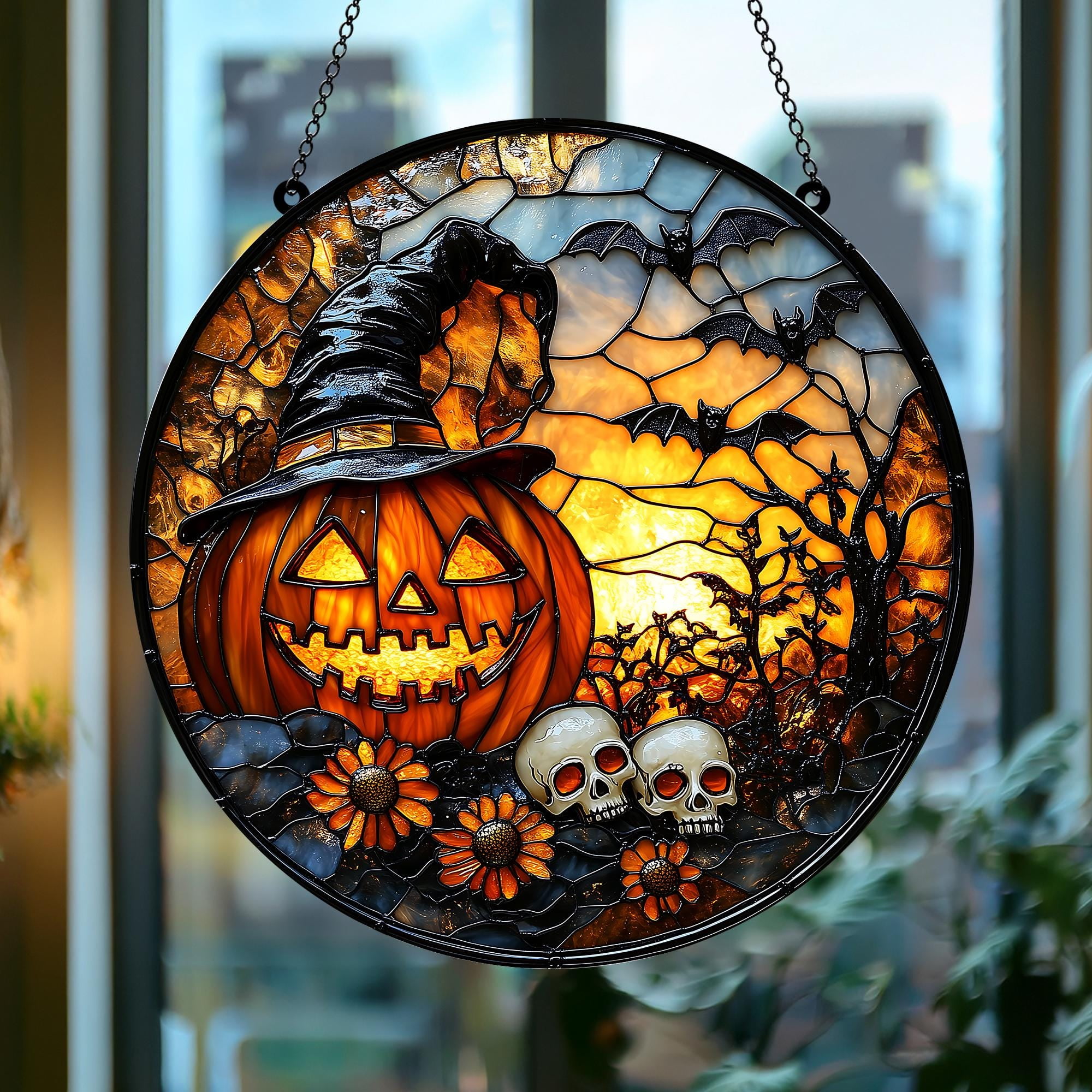 Jack-O'-Lantern Witch Acrylic Suncatcher, Round Halloween Faux Stained ...