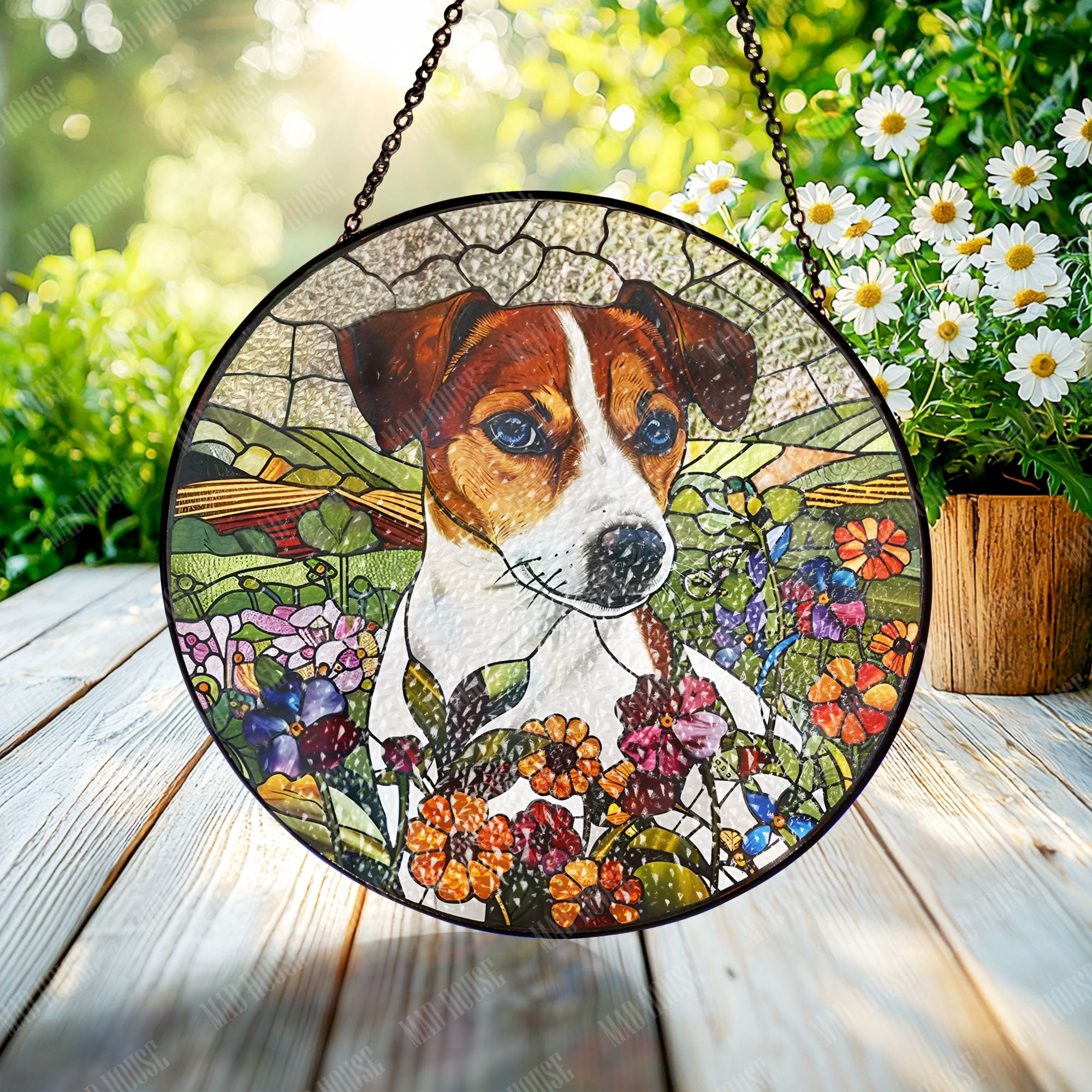 Jack Russell Dog Stained Glass Window Decor, Floral Suncatcher, Vibrant ...