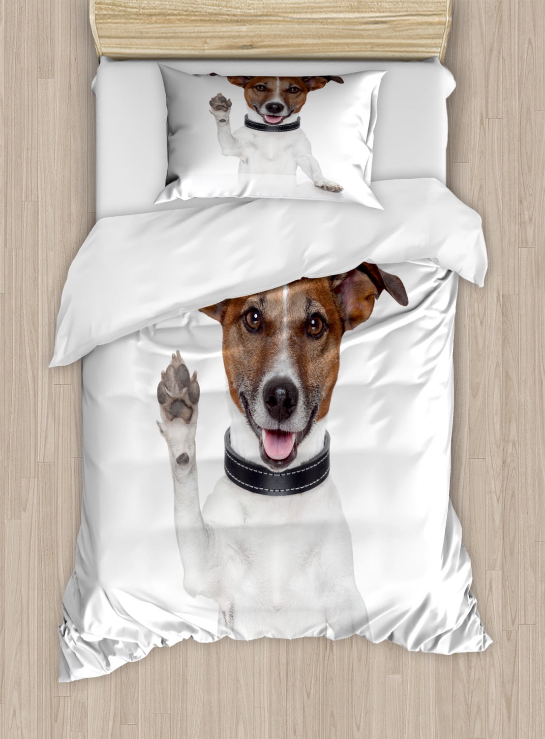 Jack Russell Duvet Cover Set Twin Size, Waving High Fiving Baby Dog ...