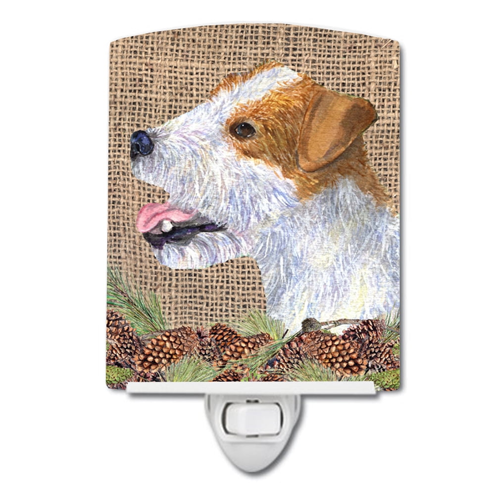 Jack Russell Terrier on Faux Burlap with Pine Cones Ceramic Night Light ...