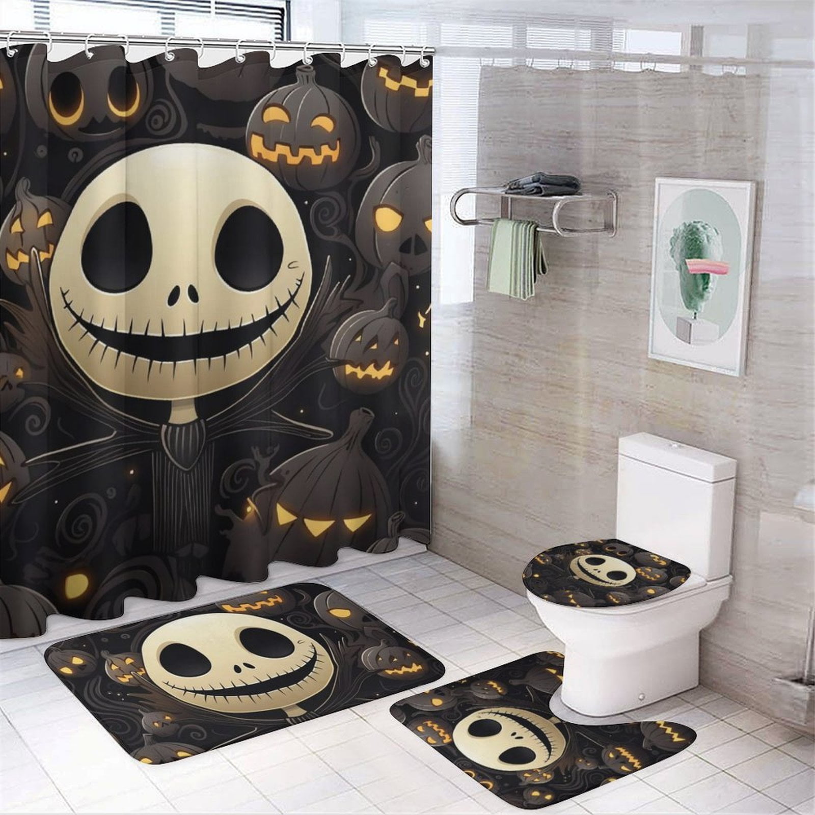 Jack Skellington 4 Piece Shower Curtain Set with Non-Slip Rugs, Toilet ...